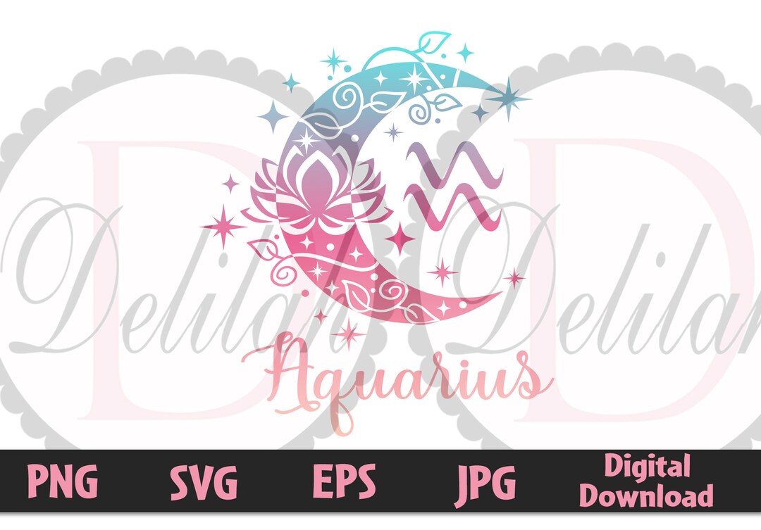 AQUARIUS Zodiac Sign SVG • Zodiac Star Signs • Aquarius • Moon • Lotus ...