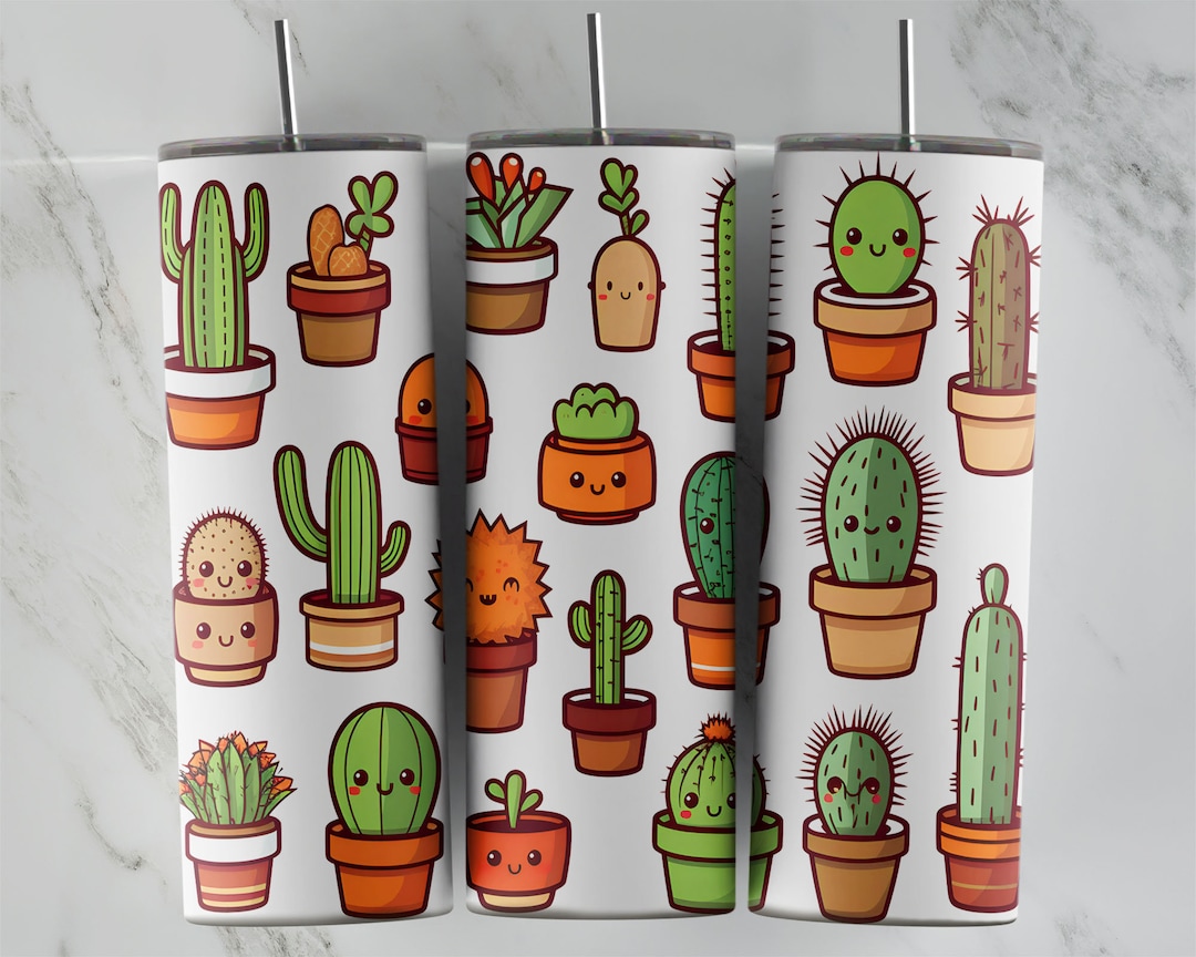 Cartoon Cactus Stickers 20 Oz Skinny Tumbler Sublimation Design PNG ...