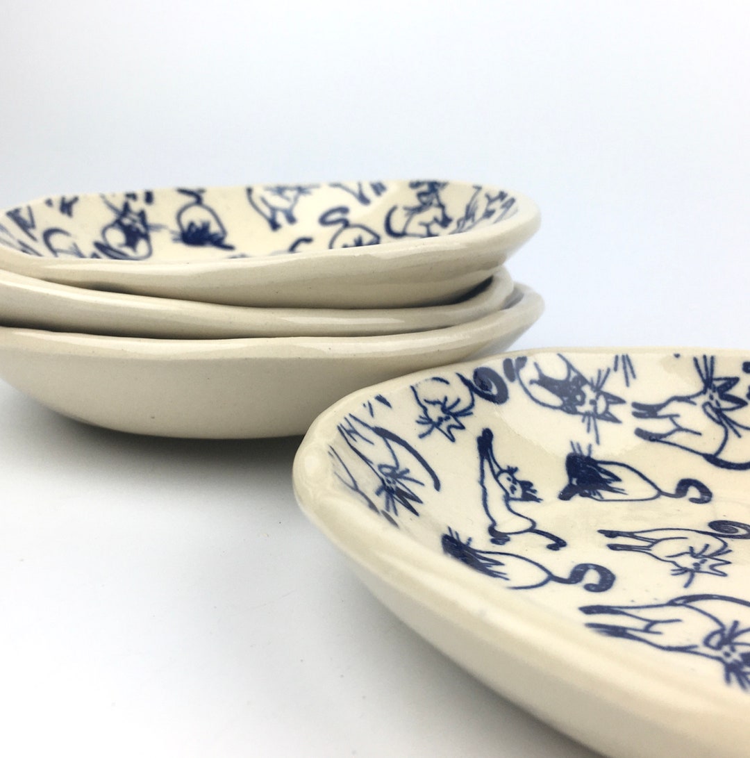 Handmade Ceramic Cat Plate – Blue and White Pottery Dipping Dish - Etsy