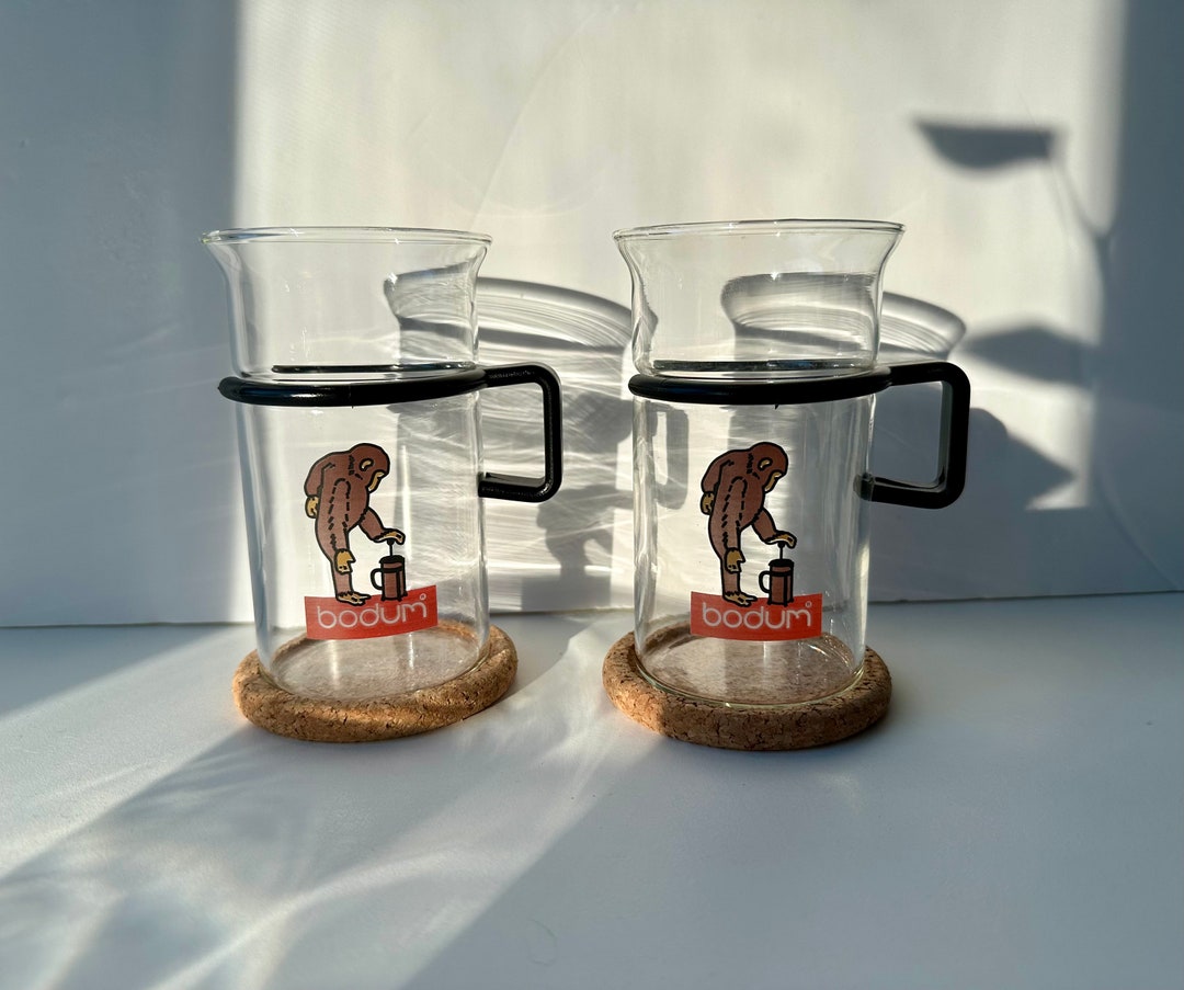 Vintage Bodum Bistro Duo Monkey Glass Mug Set of 2 Black Plastic Handle ...