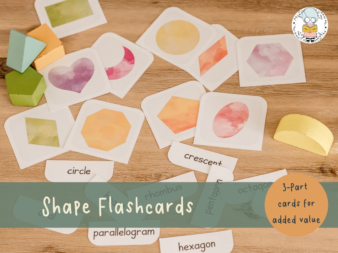 2D Shapes Three-piece Flash Cards | 10 Watercolor Nomenclature ...