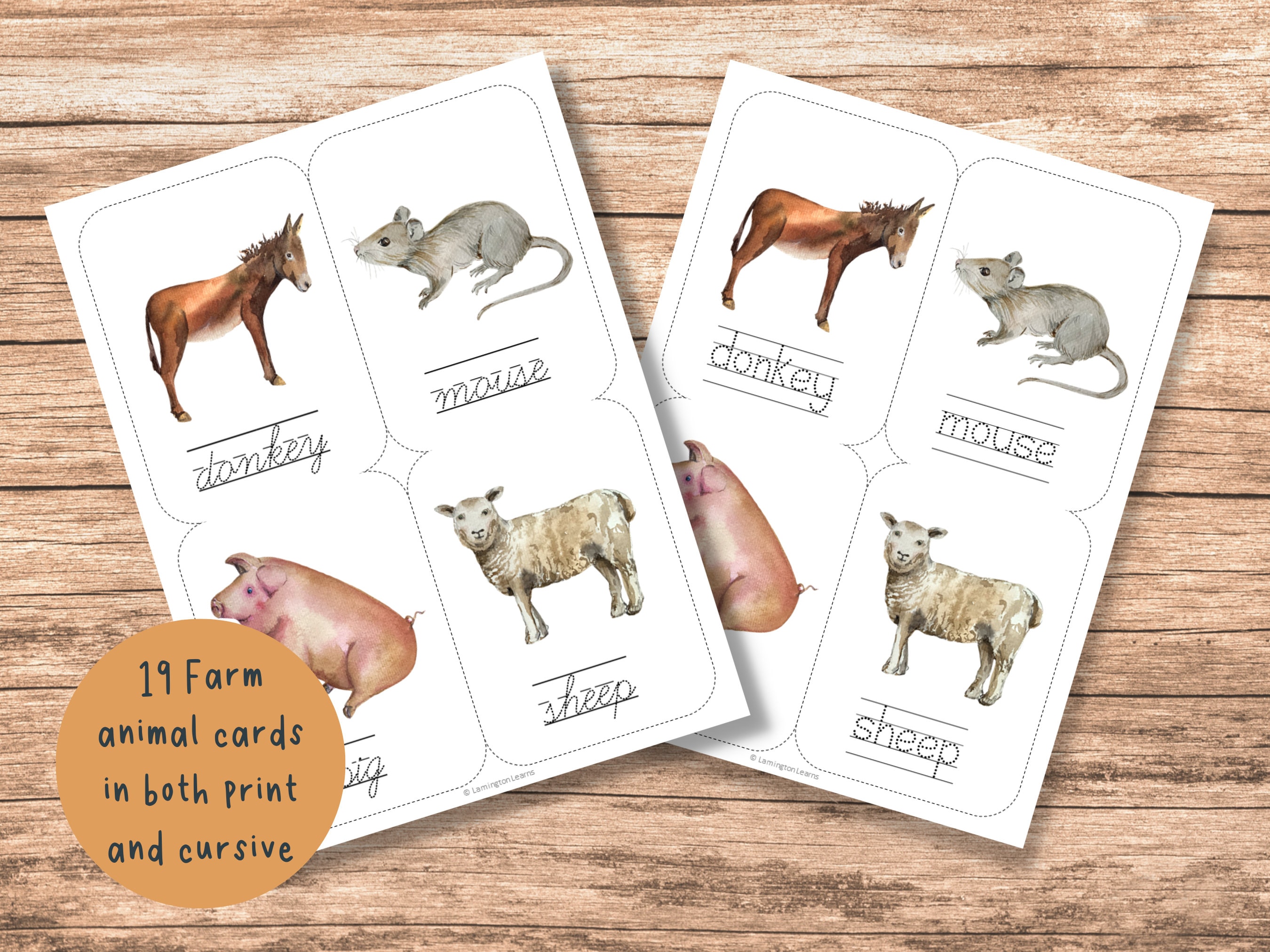 Cursive and Print Farm Animal Handwriting Practice Cards for Early ...