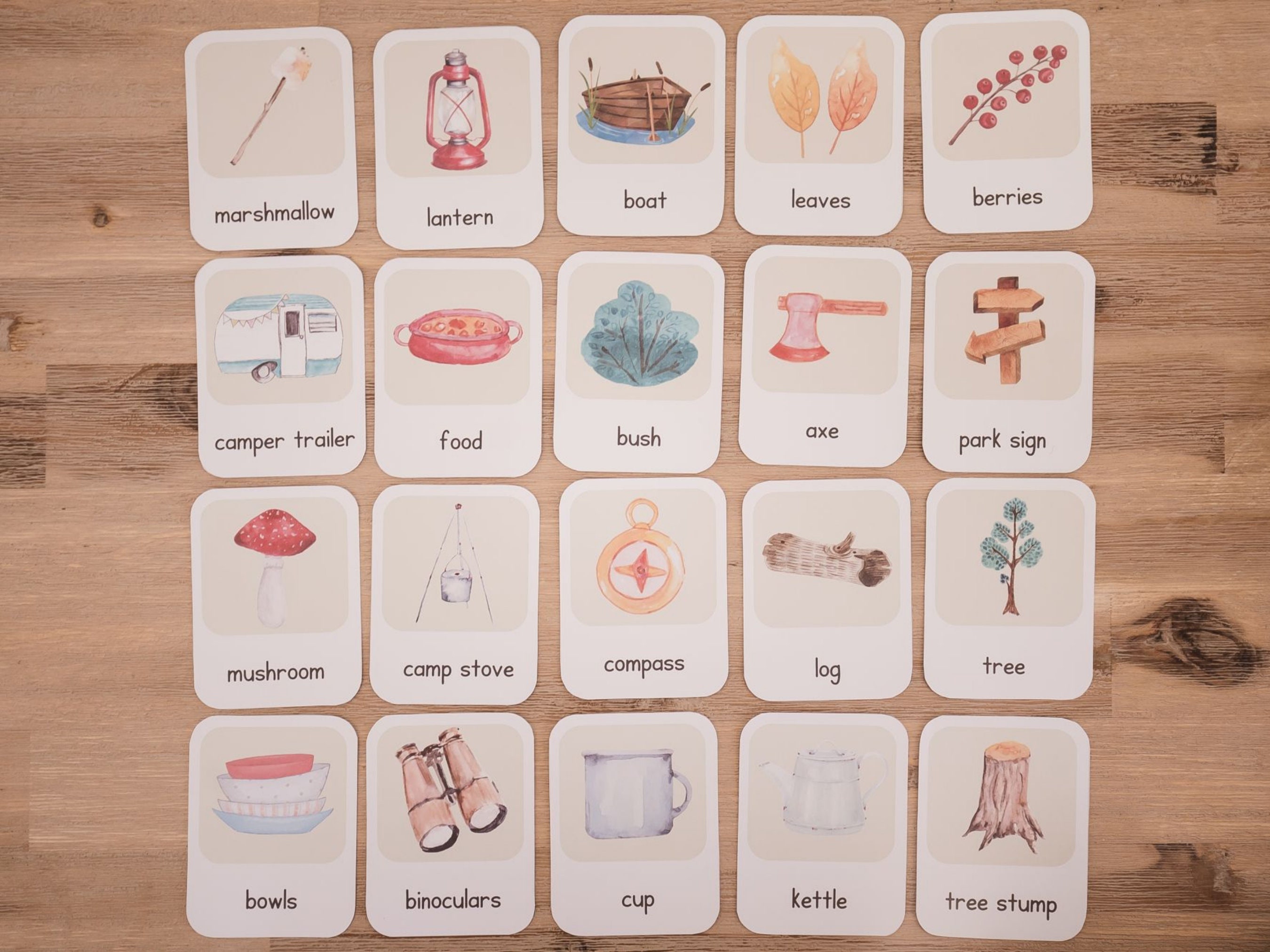 Camping Watercolor Flashcards Nomenclature Montessori - Etsy