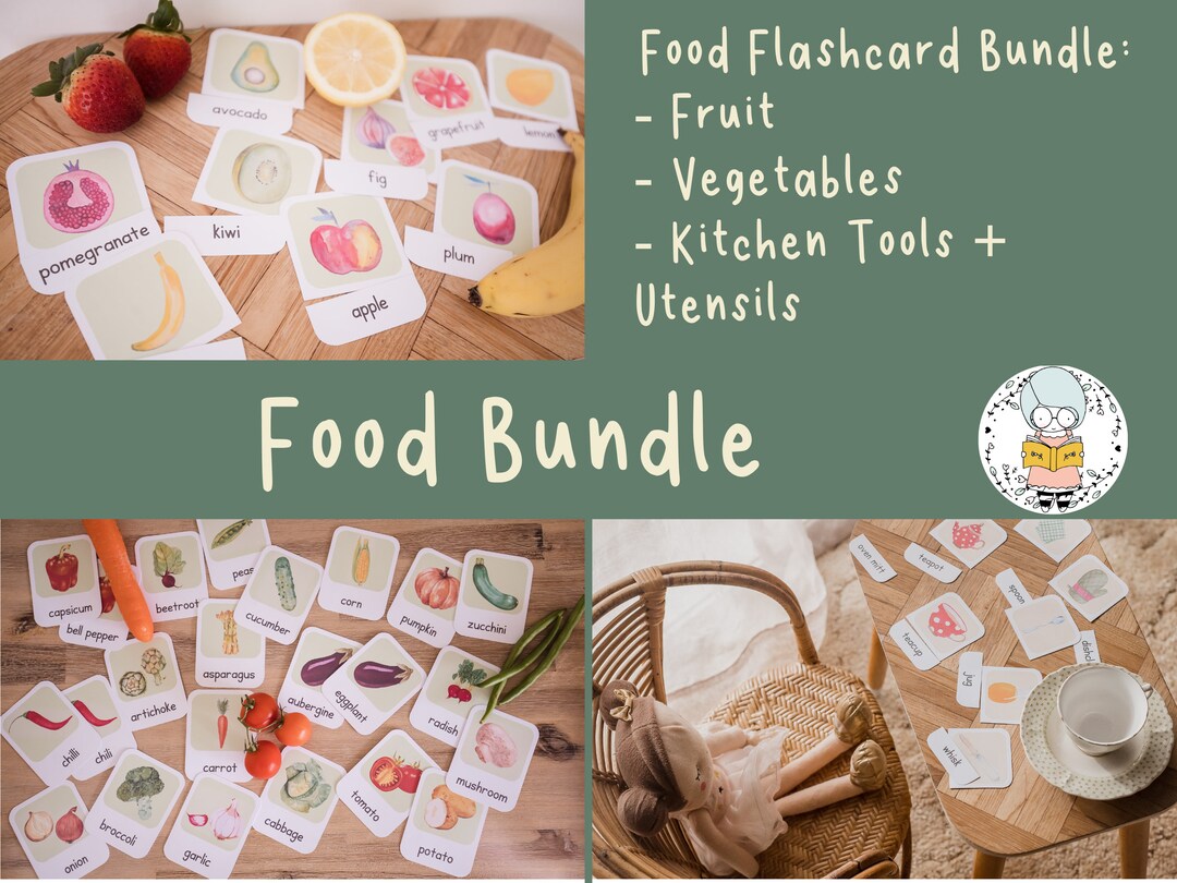 Food Flashcard Bundle Fruits, Vegetables, and Kitchen Tools & Utensils ...