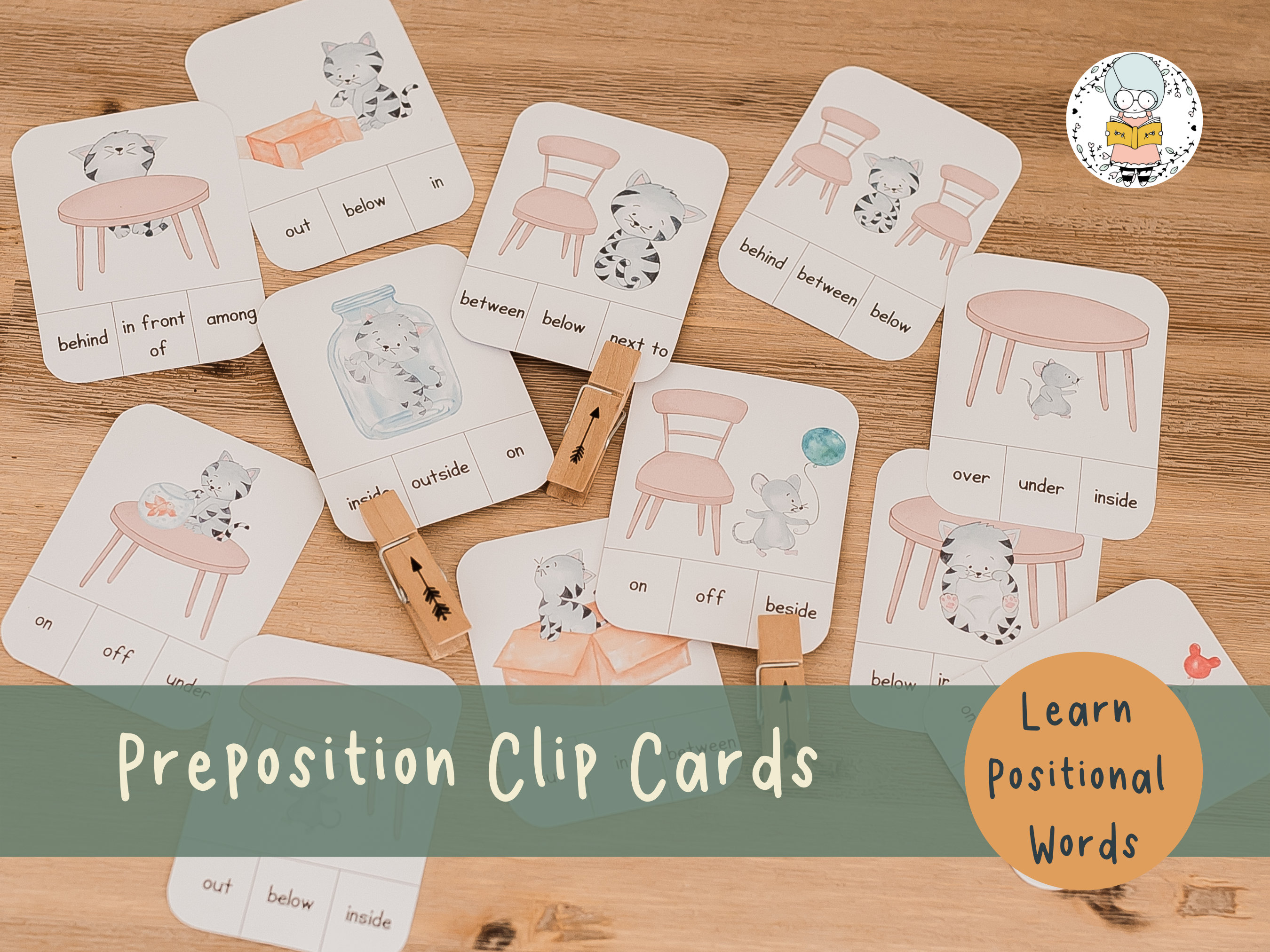 Preposition Clip Cards 12 Cute Cat and Mouse Positional - Etsy