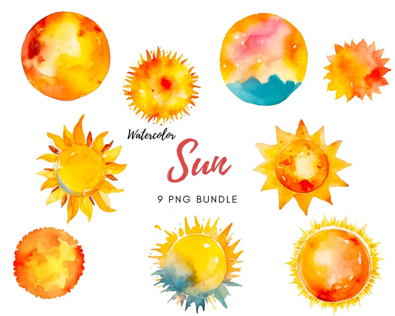 Sun Art, Watercolor Sun Clipart, Watercolor Sun, Sun Clipart, Sun ...