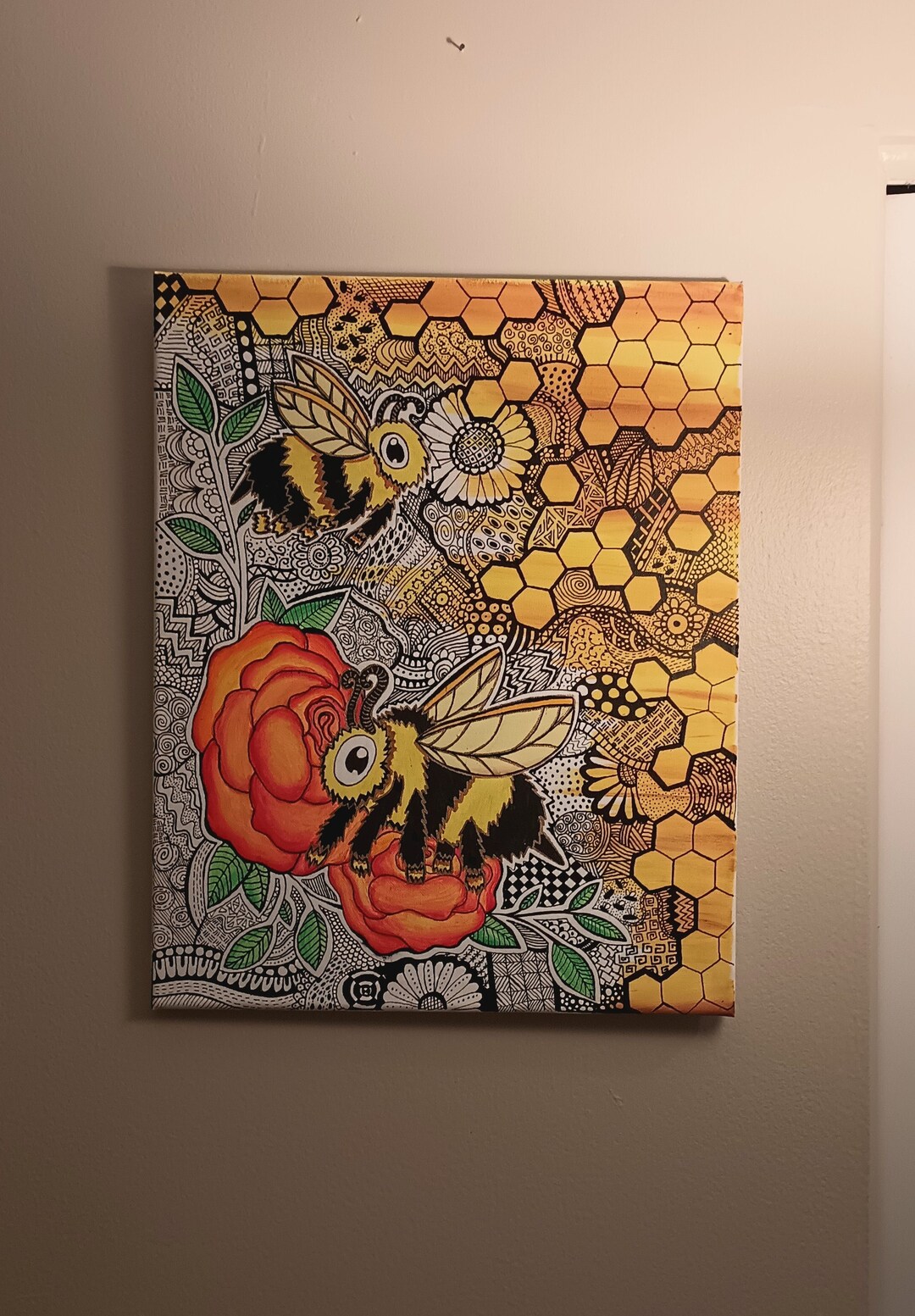 Beetangle, Bee Zentangle Painting 20x16 - Etsy
