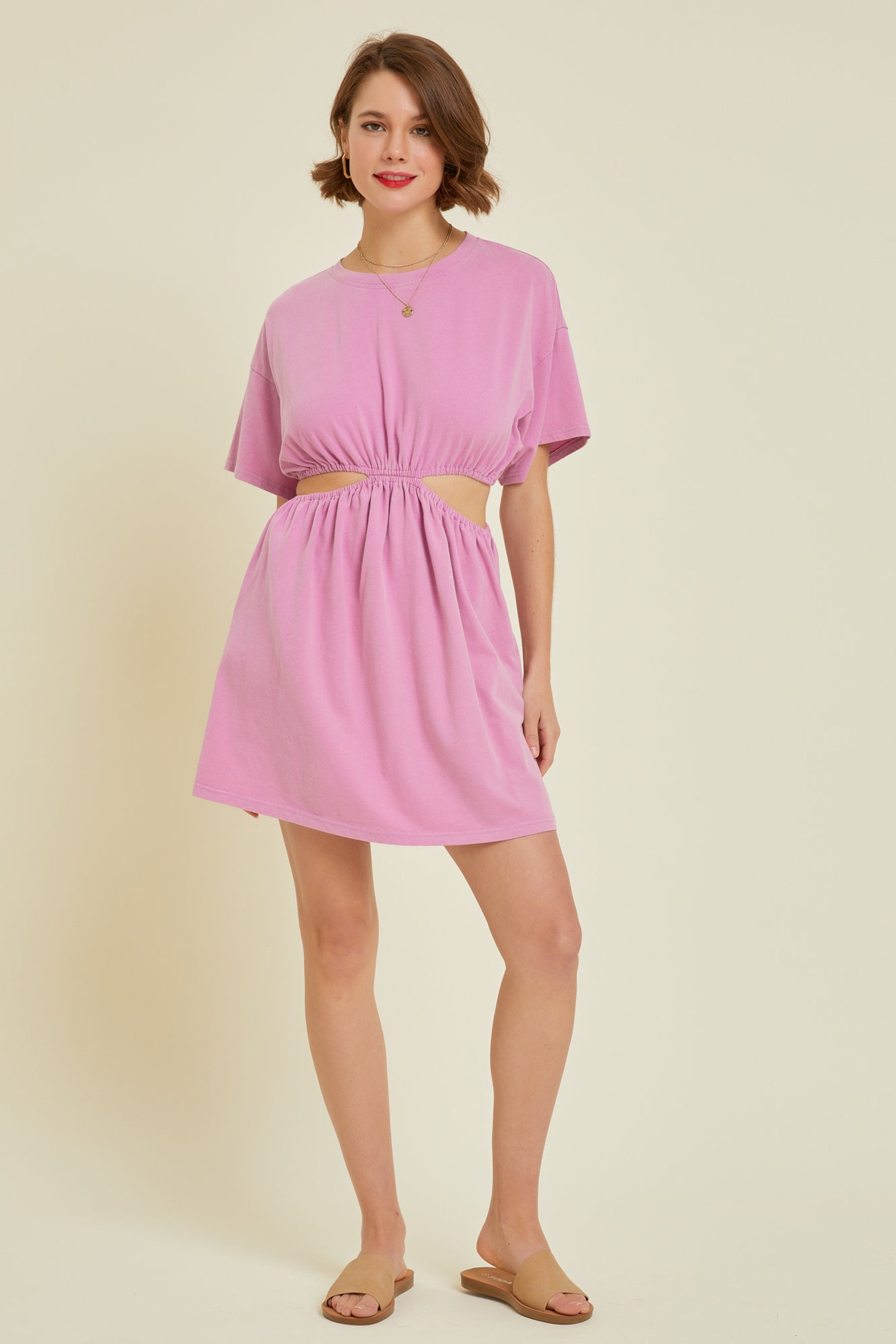 Super Soft Cotton Washed Cutout Round Neck Mini Dress With Pockets ...
