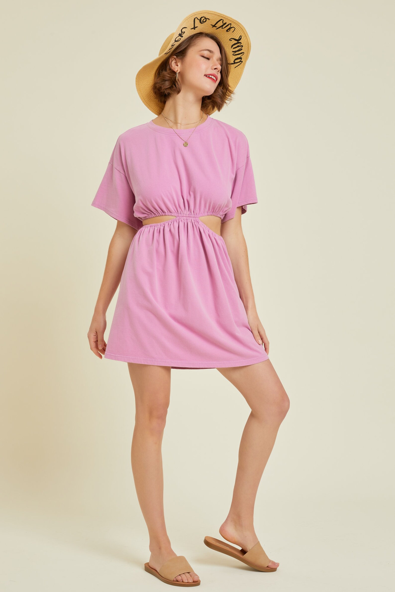 Super Soft Cotton Washed Cutout Round Neck Mini Dress With Pockets ...