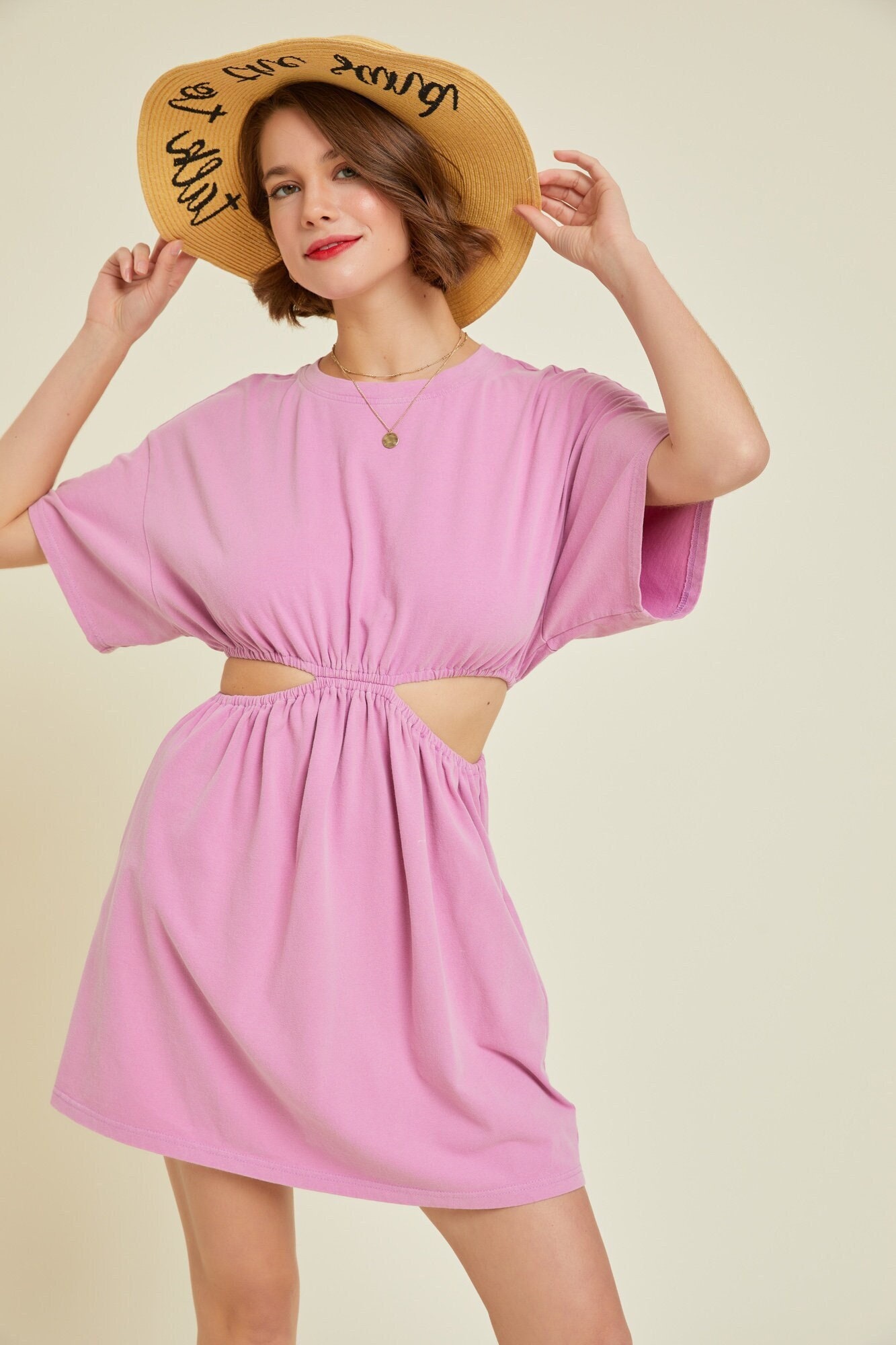 Super Soft Cotton Washed Cutout Round Neck Mini Dress With Pockets ...