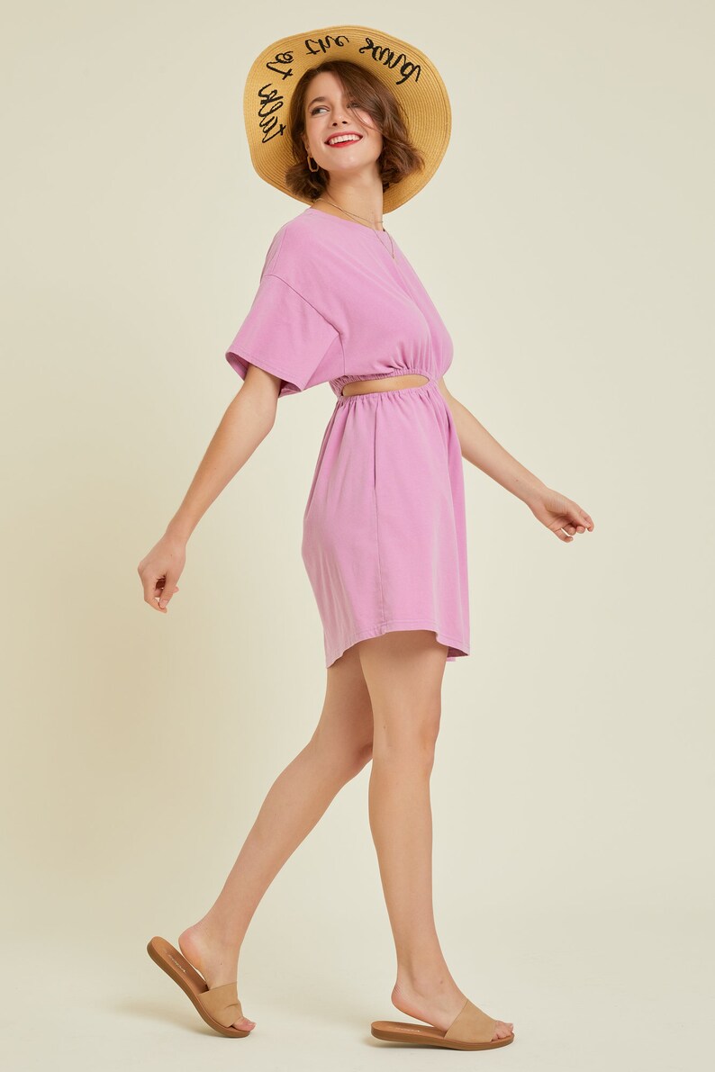 Super Soft Cotton Washed Cutout Round Neck Mini Dress With Pockets ...