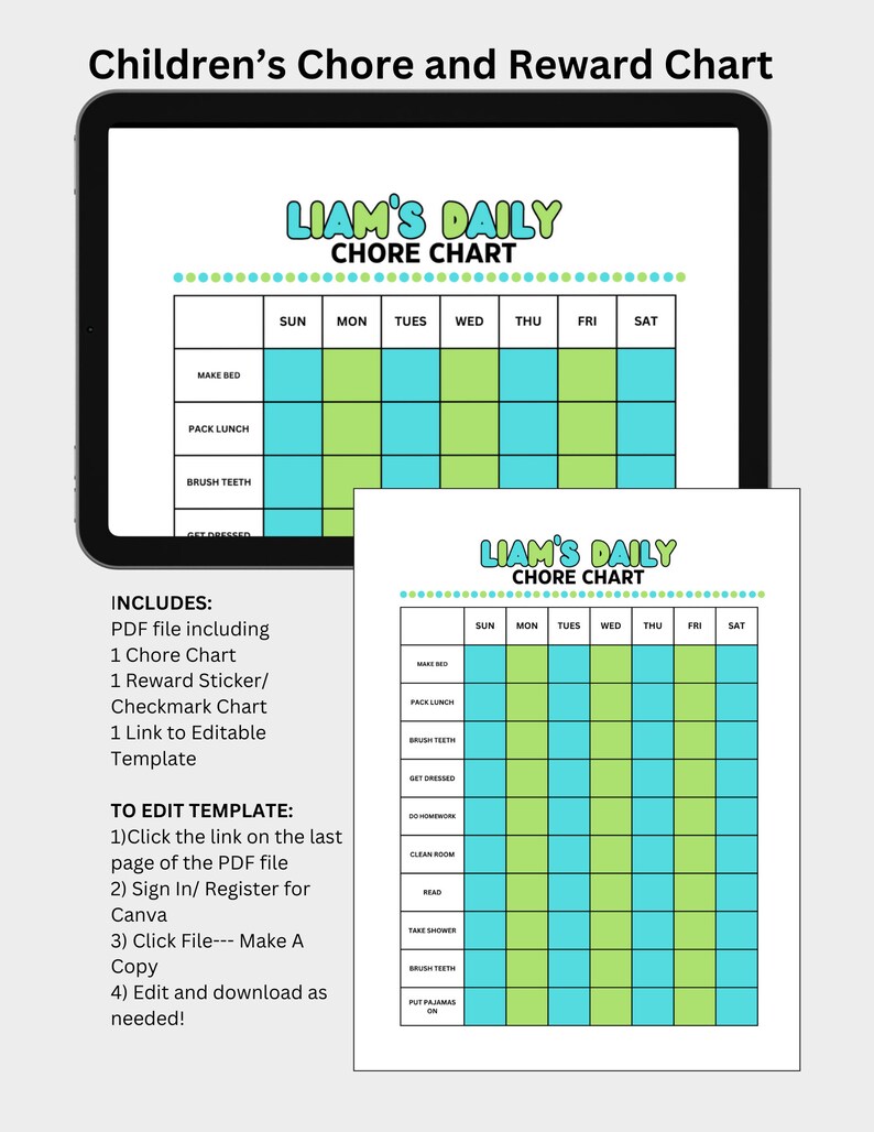 Editable/ Customizable Kids Reward and Chore Chart Printable Kids Daily ...
