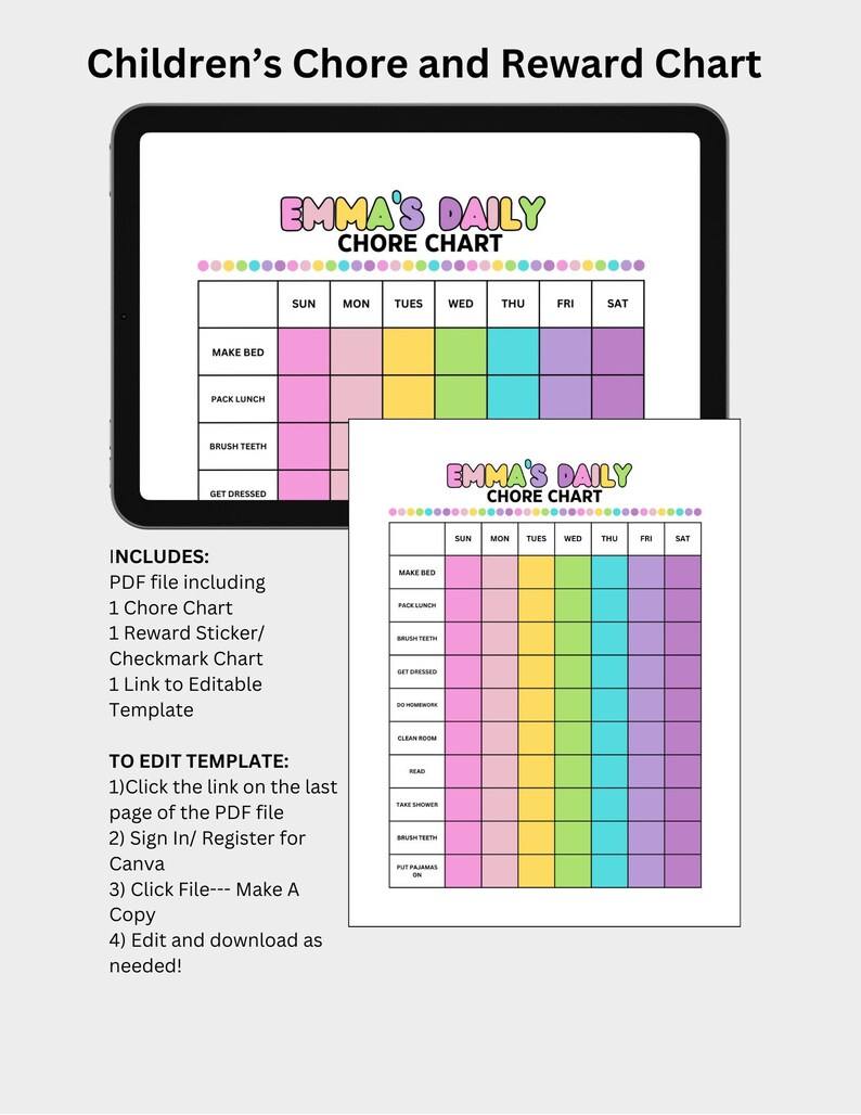 Editable/ Customizable Kids’ Reward and Chore Chart | Printable Kids ...