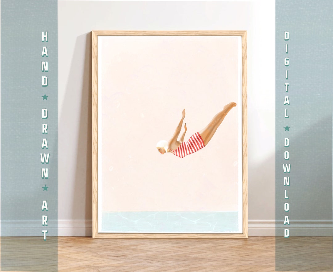 Retro Woman Diving Printable, Minimalist Art, Vintage Pool Print ...