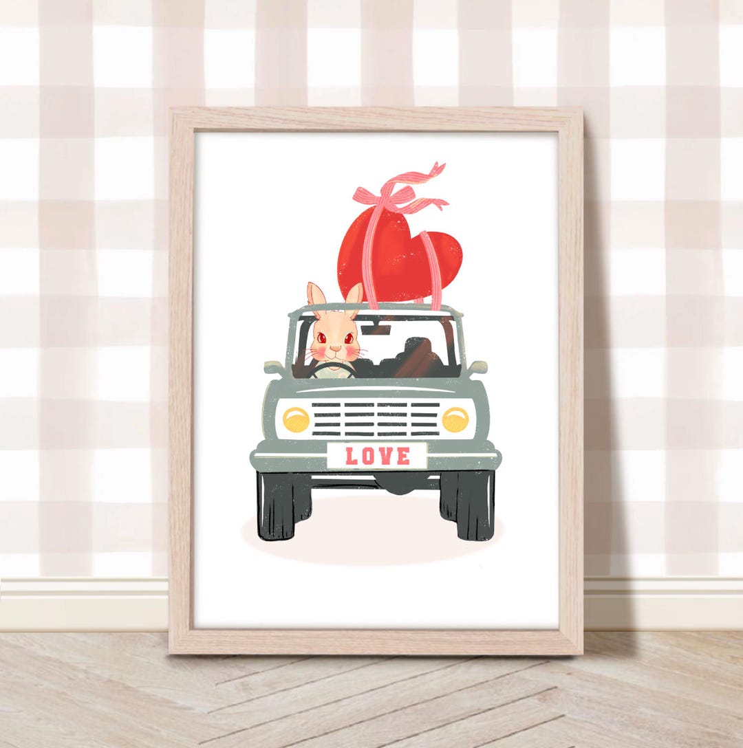 Rabbit in Jeep Art Print: Love Heart Nursery Decor (digital Download ...
