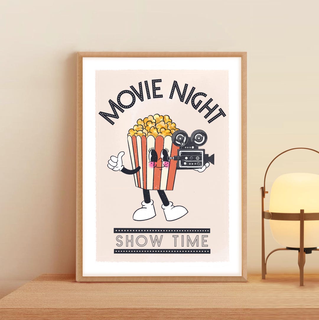 Movie Night Poster, Home Theater Decor, Retro Popcorn Art Print ...
