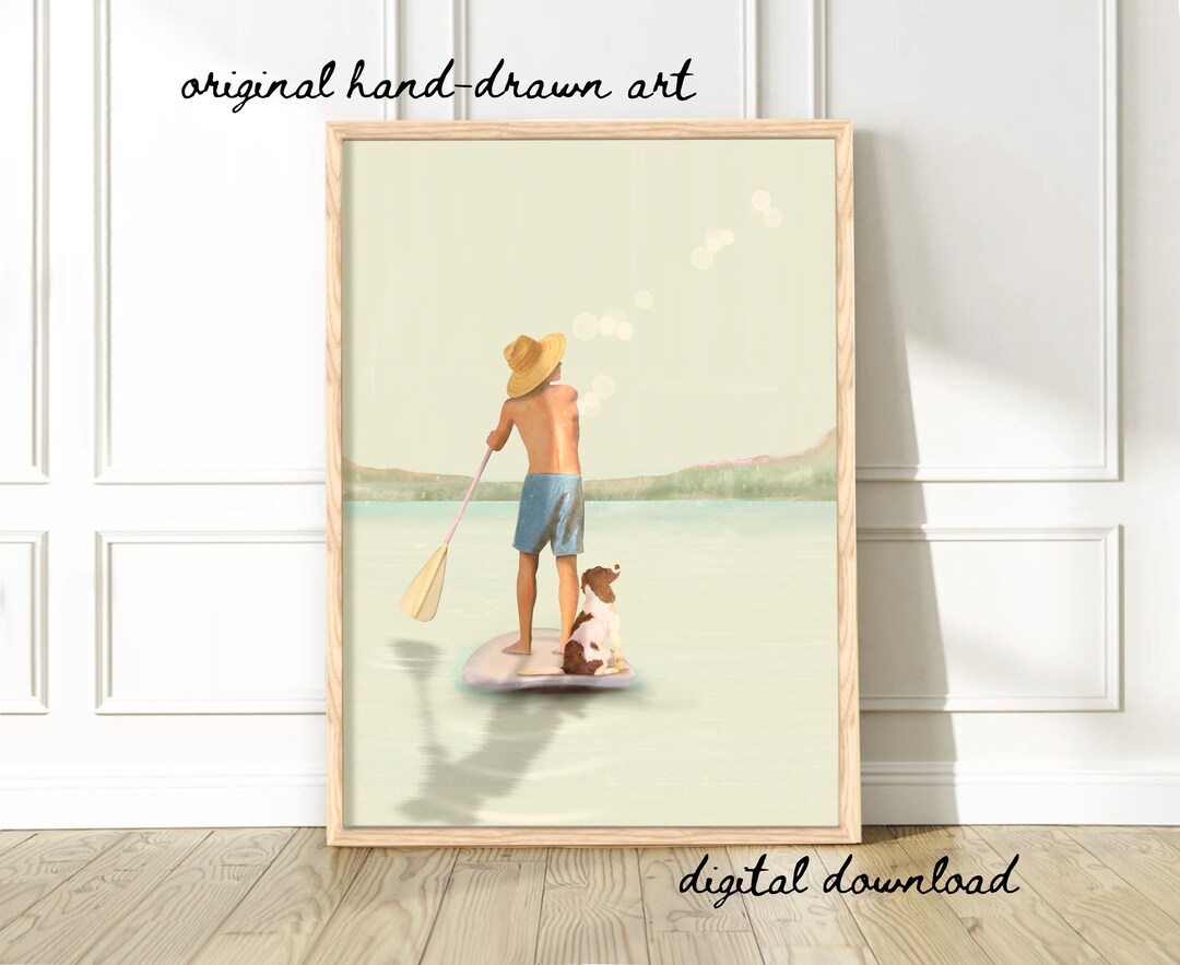 Retro Paddleboard Art Print, Vintage Lake House Decor, Lake Digital Art ...