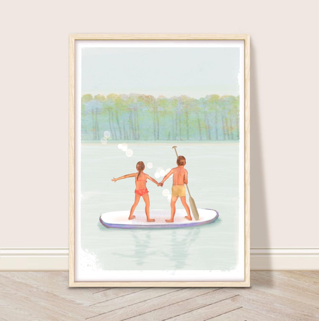 Retro Paddle Board Art Print, Boy and Girl, Lake House Decor (digital ...