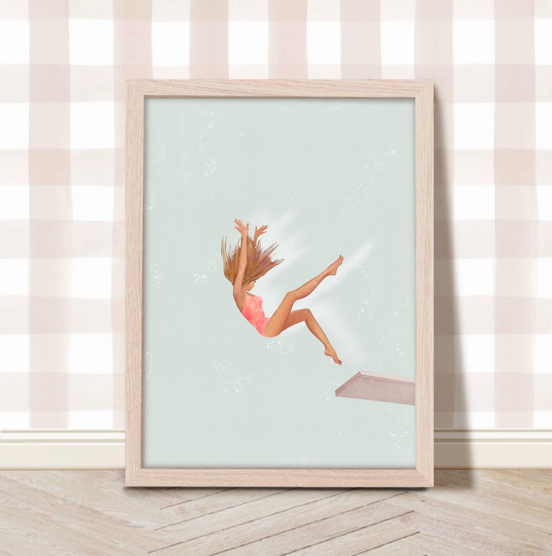 Retro Swimming Pool Art Print, Woman Falling off Dive Board Printable ...