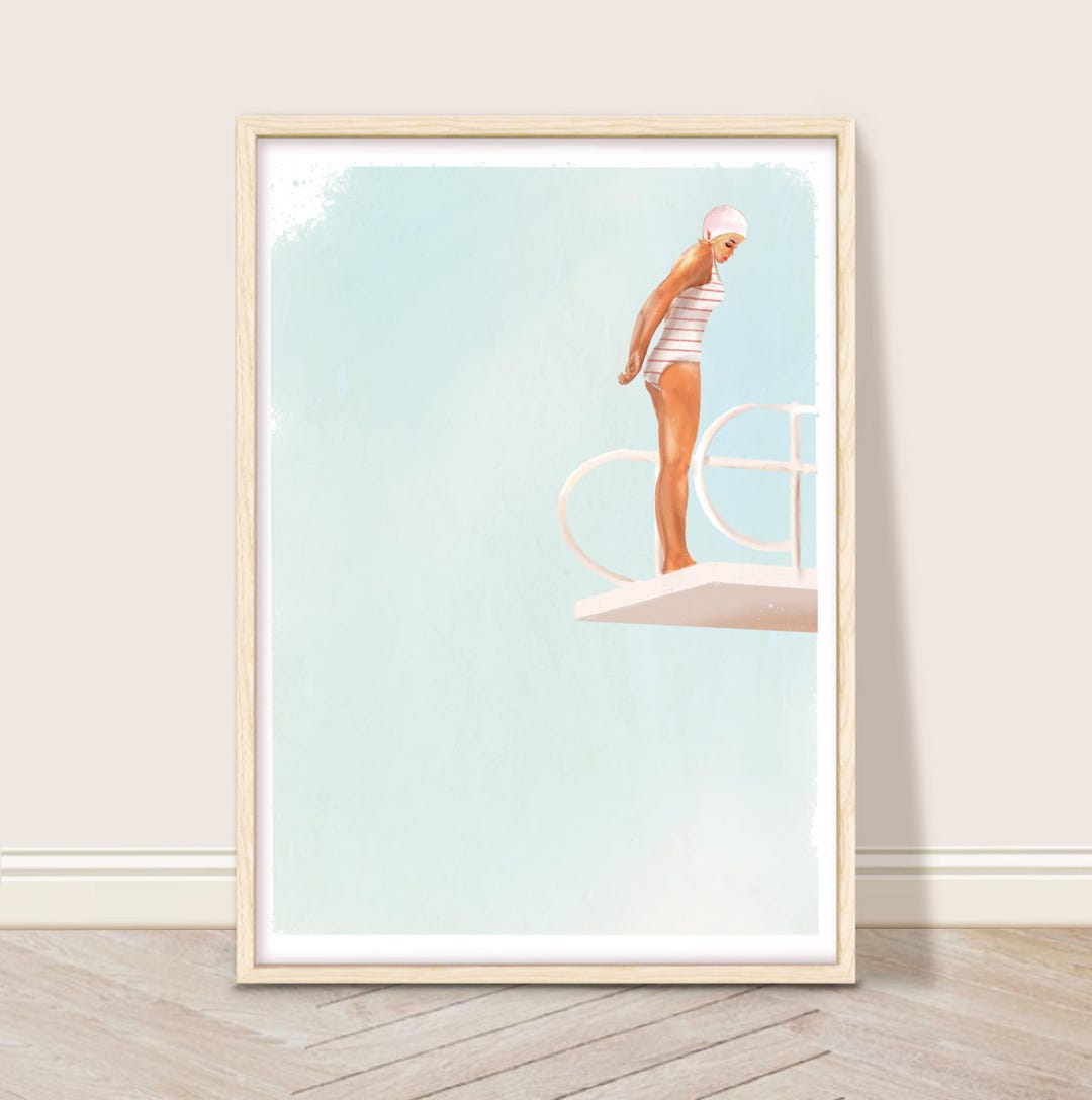 Woman on Dive Board Wall Art, Girl Diving Poster, Diver Art, Retro ...