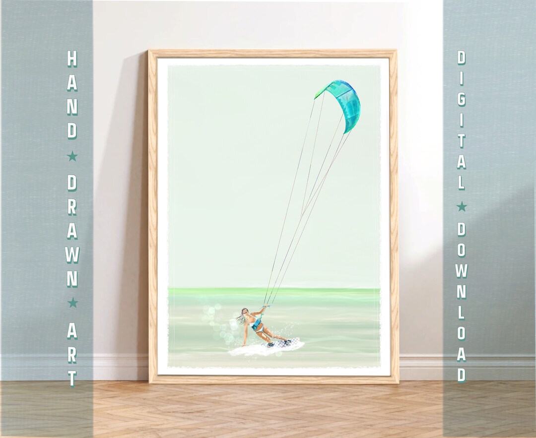 Woman Kitesurfer Art Print, Kitesurfing Printable Art, Kitesurf ...