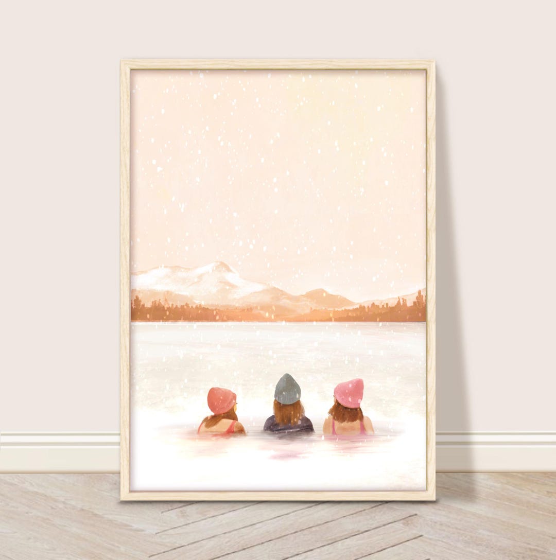 Cold Water Swimmers Art Print, Retro Winter Swim Lake Art, Mountain ...