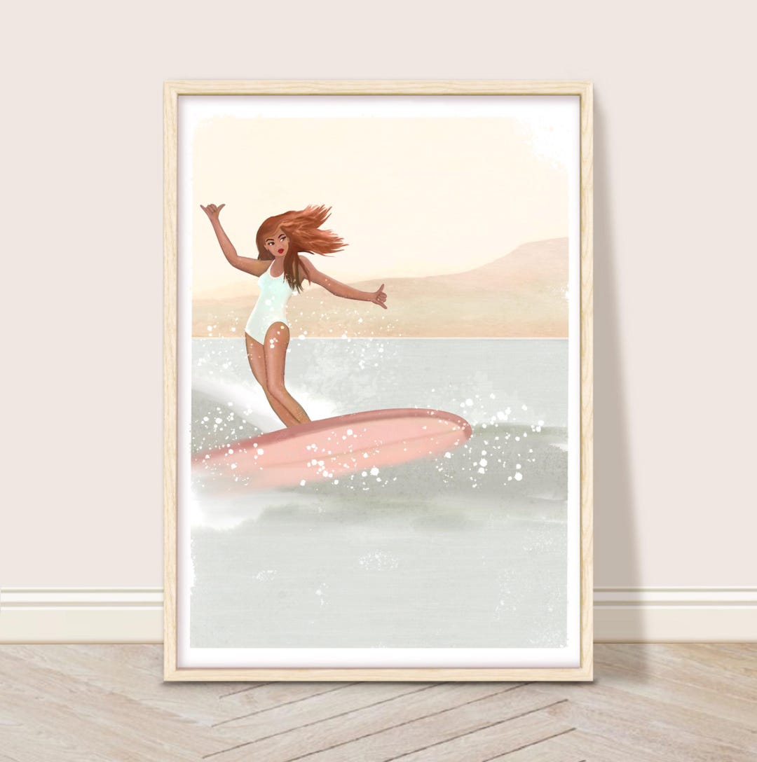 Retro Surf Girl Art Print: Sage Green Coastal Decor (digital Download ...