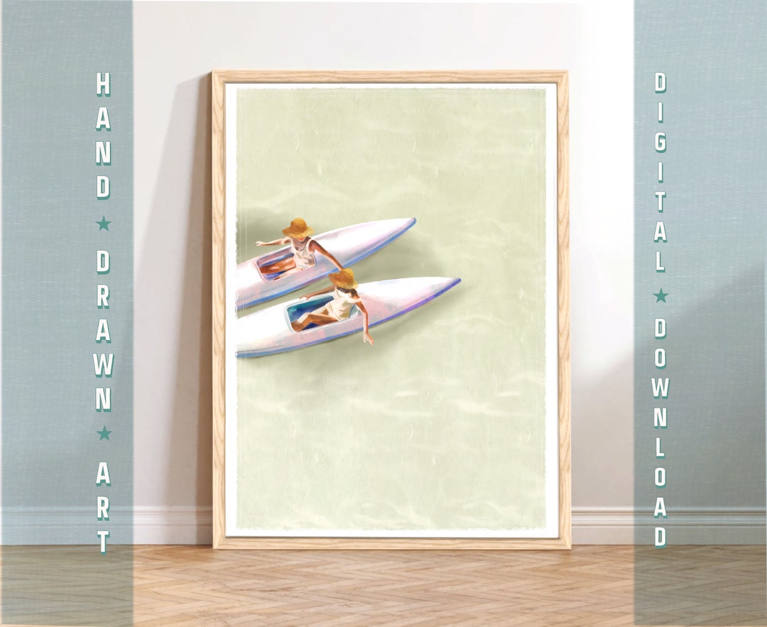 Retro Kayaking Lake Art Print, Woman Canoeing Printable Art, Lake House ...