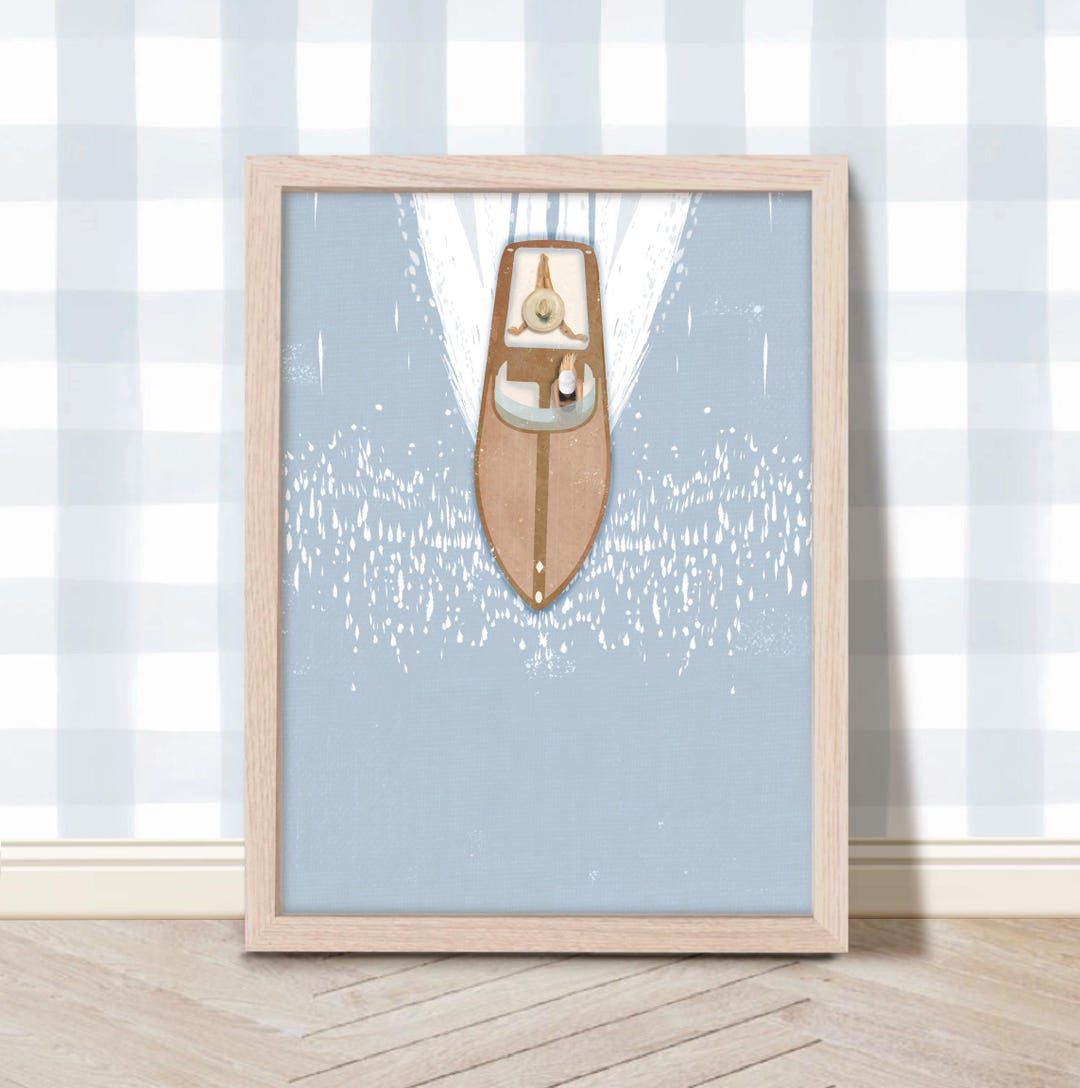 Retro Motorboat Art Print: Coastal Blue Speed Boat (digital Download ...