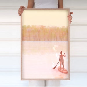 Sunset Lake Art Print, Girl on Paddleboard Wall Art, Golden Hour ...