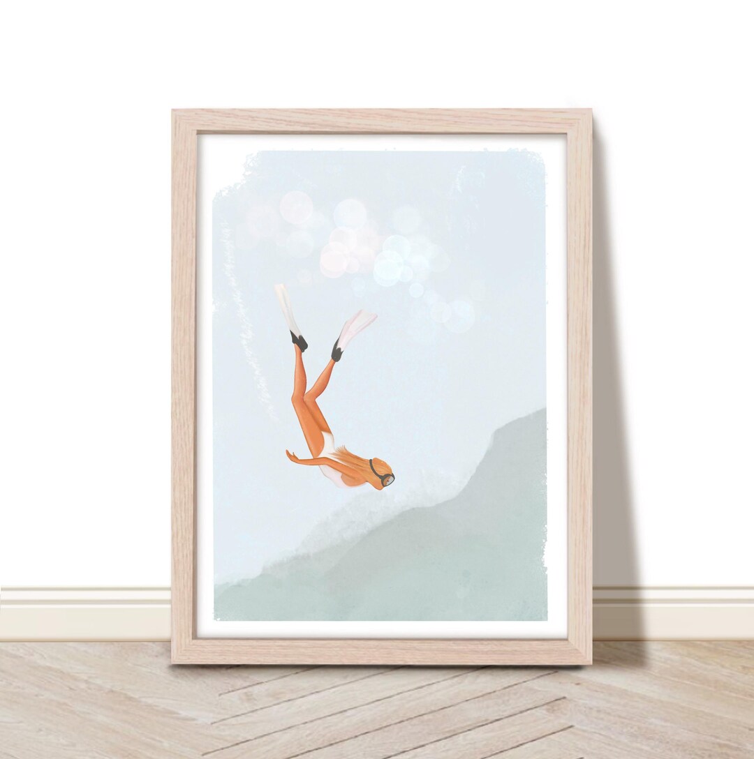 Retro Scuba Diving Art Print, Deep Sea Diver Poster, Nautical Decor ...