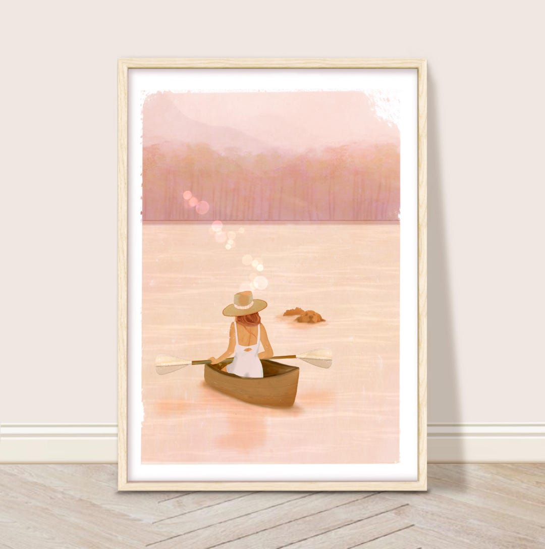 Lake Kayaking Art Print, Retro Kayak Wall Art, Vintage Lake House Decor ...