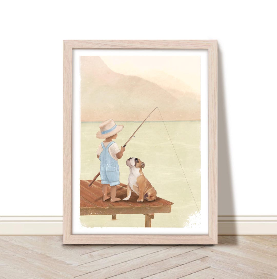 Boy and Bulldog Fishing Art Print: Vintage Lake House Decor (digital ...