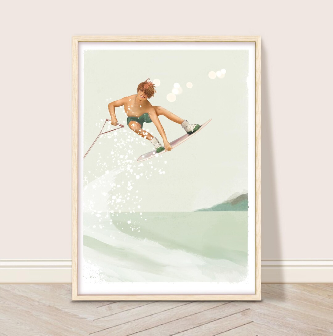 Wakeboarding Art Print: Boy Wakeboarder, Lake House Decor (digital ...
