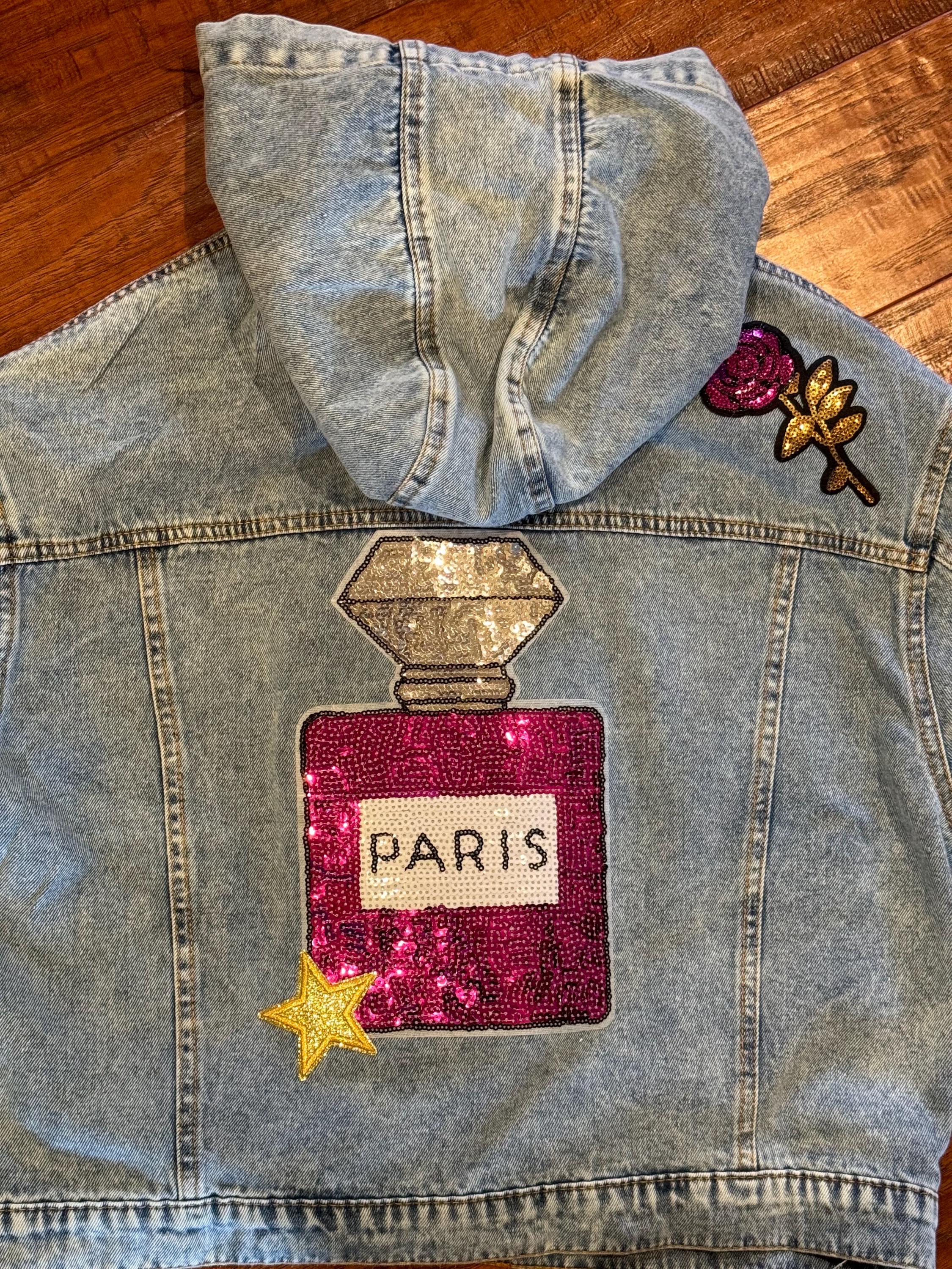 Bougie Denim Jacket With Hood and Multiple Sequin Patches . - Etsy