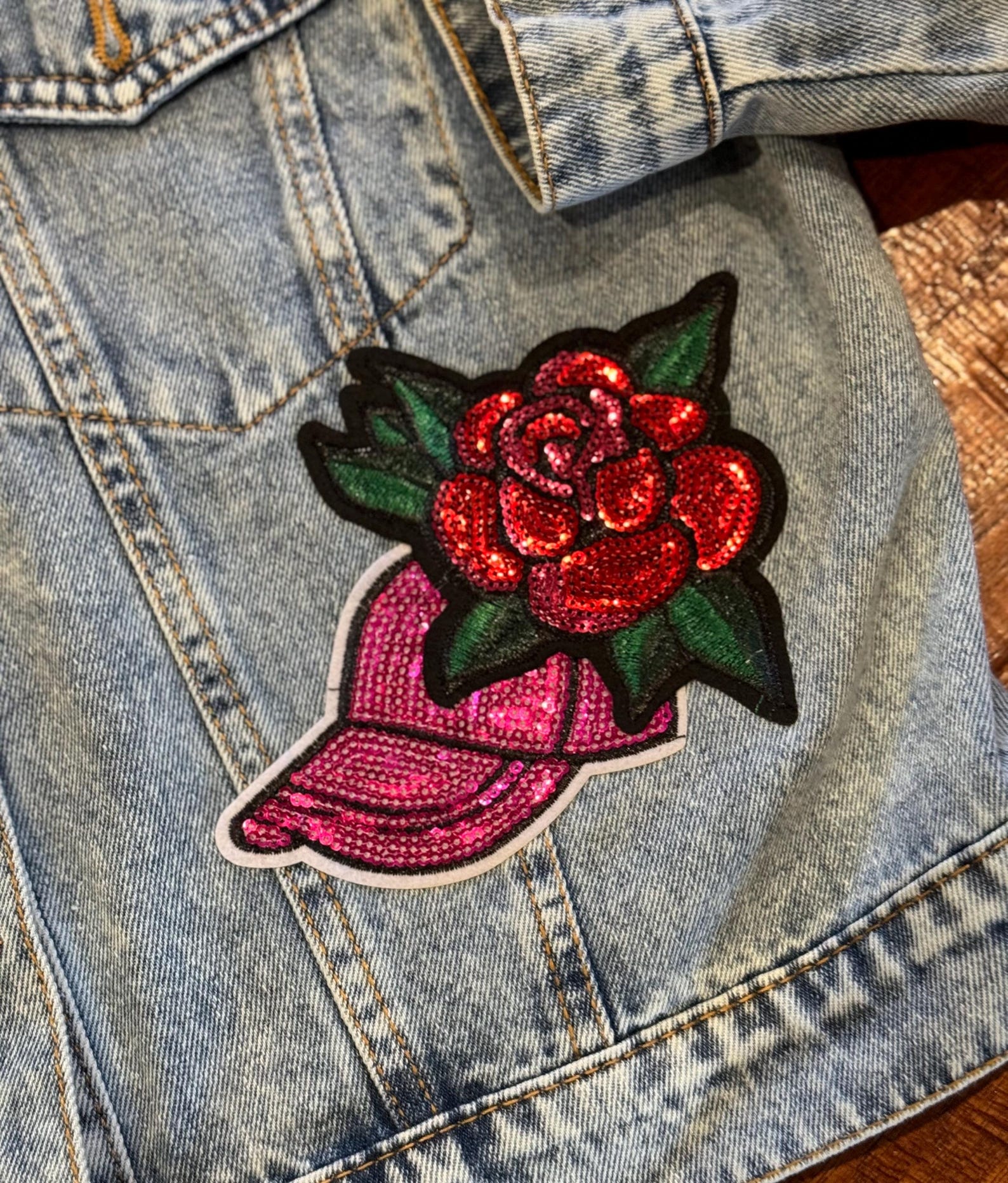 Bougie Denim Jacket With Hood and Multiple Sequin Patches . - Etsy