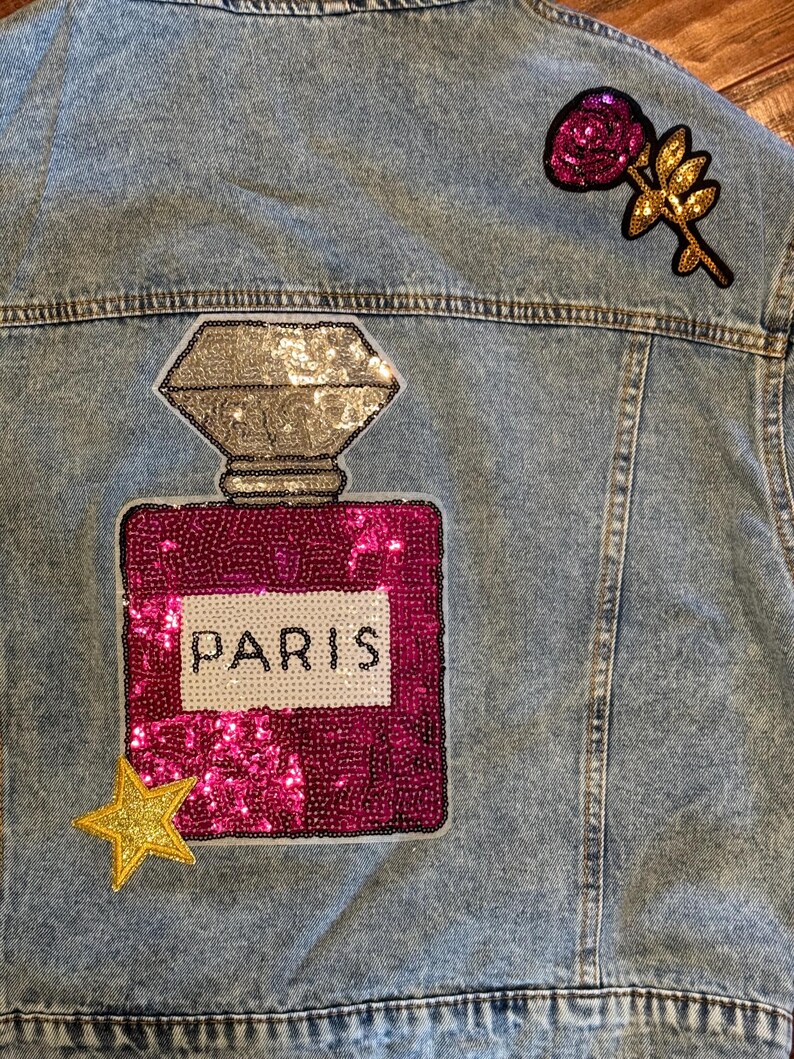 Bougie Denim Jacket With Hood and Multiple Sequin Patches . - Etsy