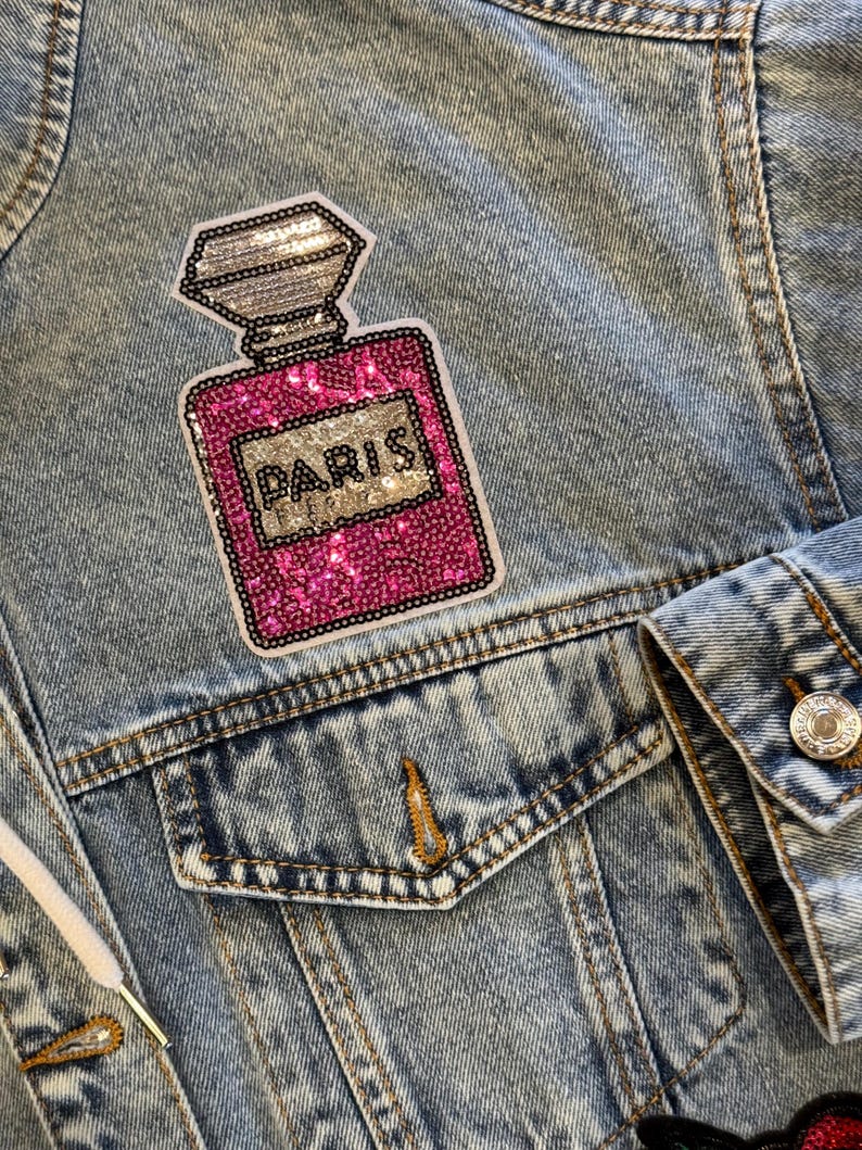 Bougie Denim Jacket With Hood and Multiple Sequin Patches . - Etsy