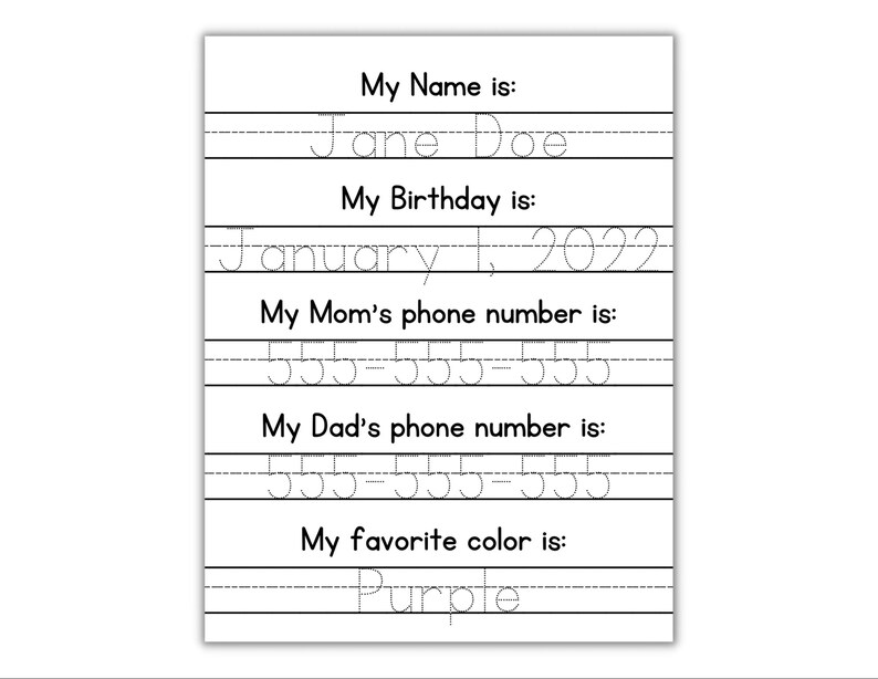 Custom Name & Info Tracing Page | Personalized Name Handwriting | Name ...