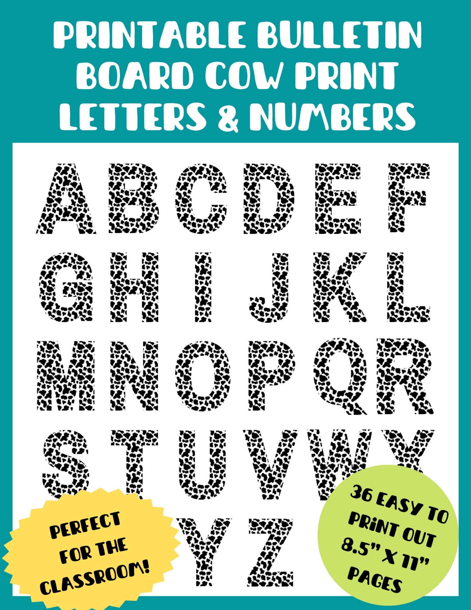 Printable Bulletin Board Cow Print Letters & Numbers - Etsy
