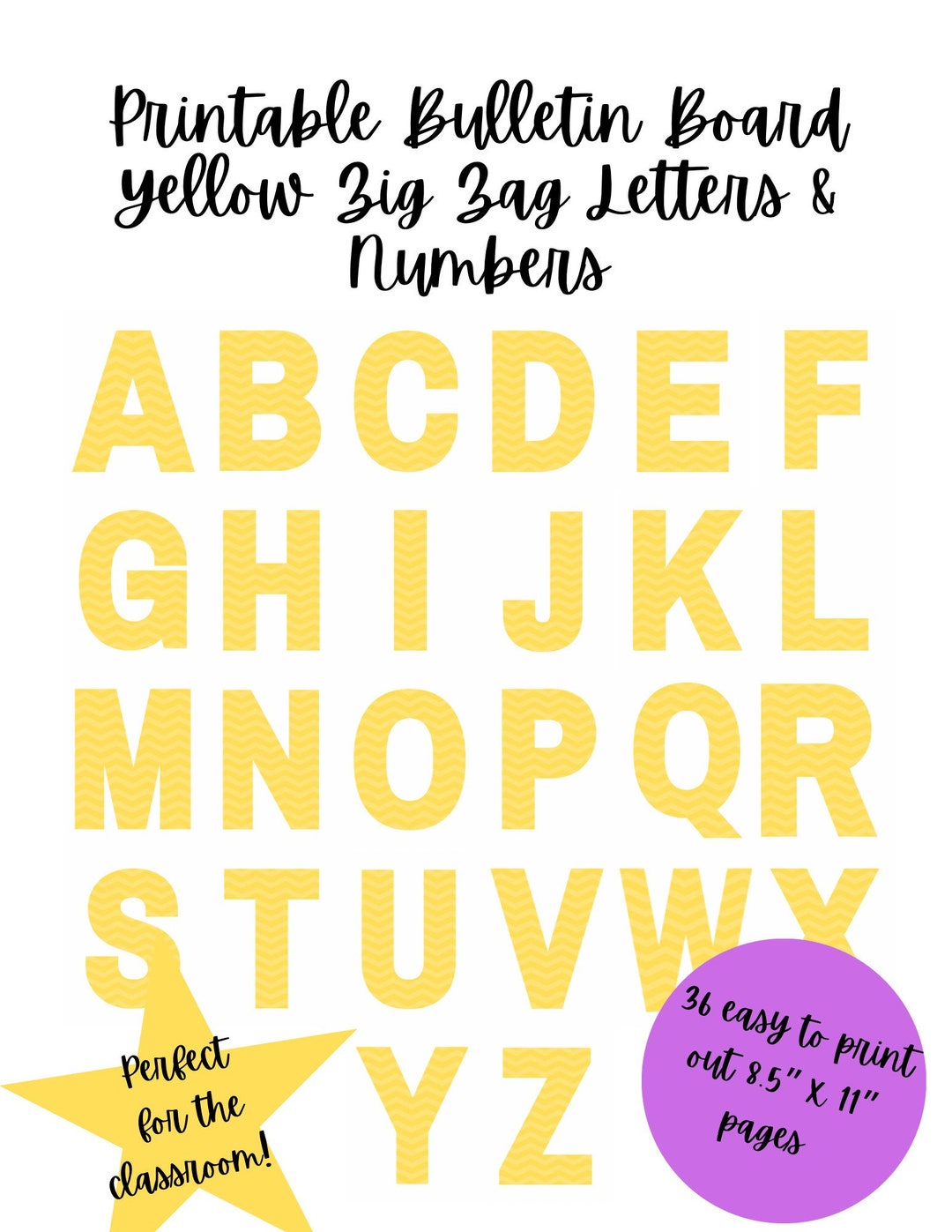 Printable Bulletin Board Yellow Zig Zag Letters & Numbers, Printable ...