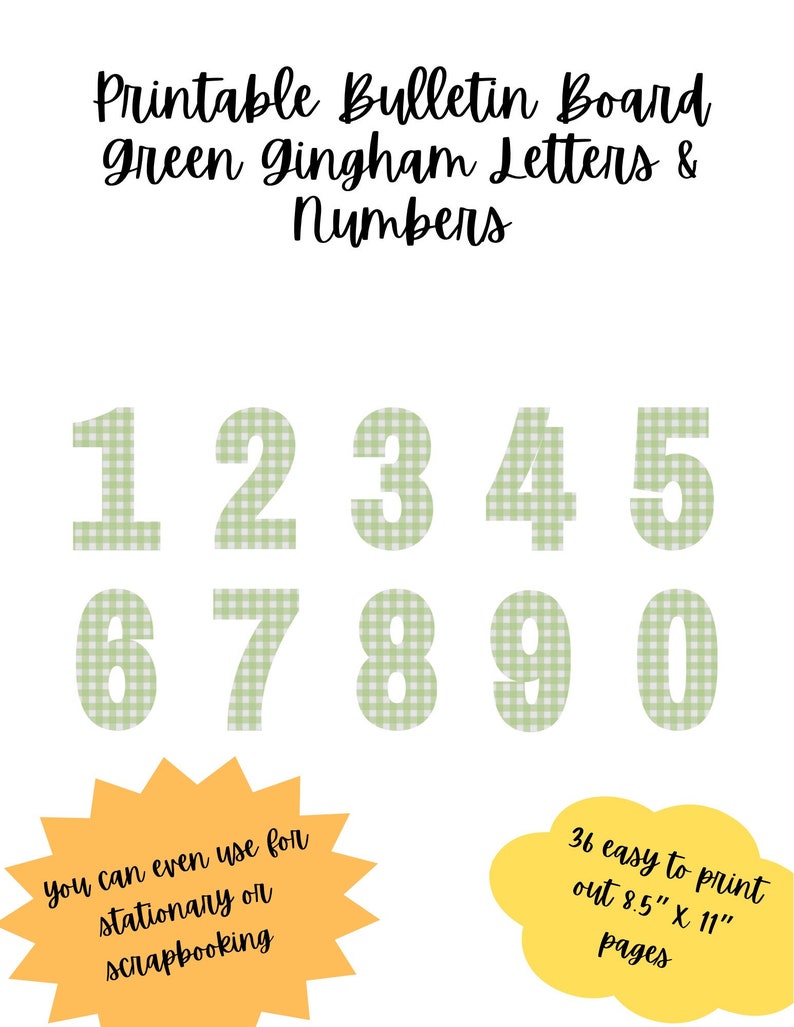 Printable Bulletin Board Green Gingham Letters & Numbers, Printable ...