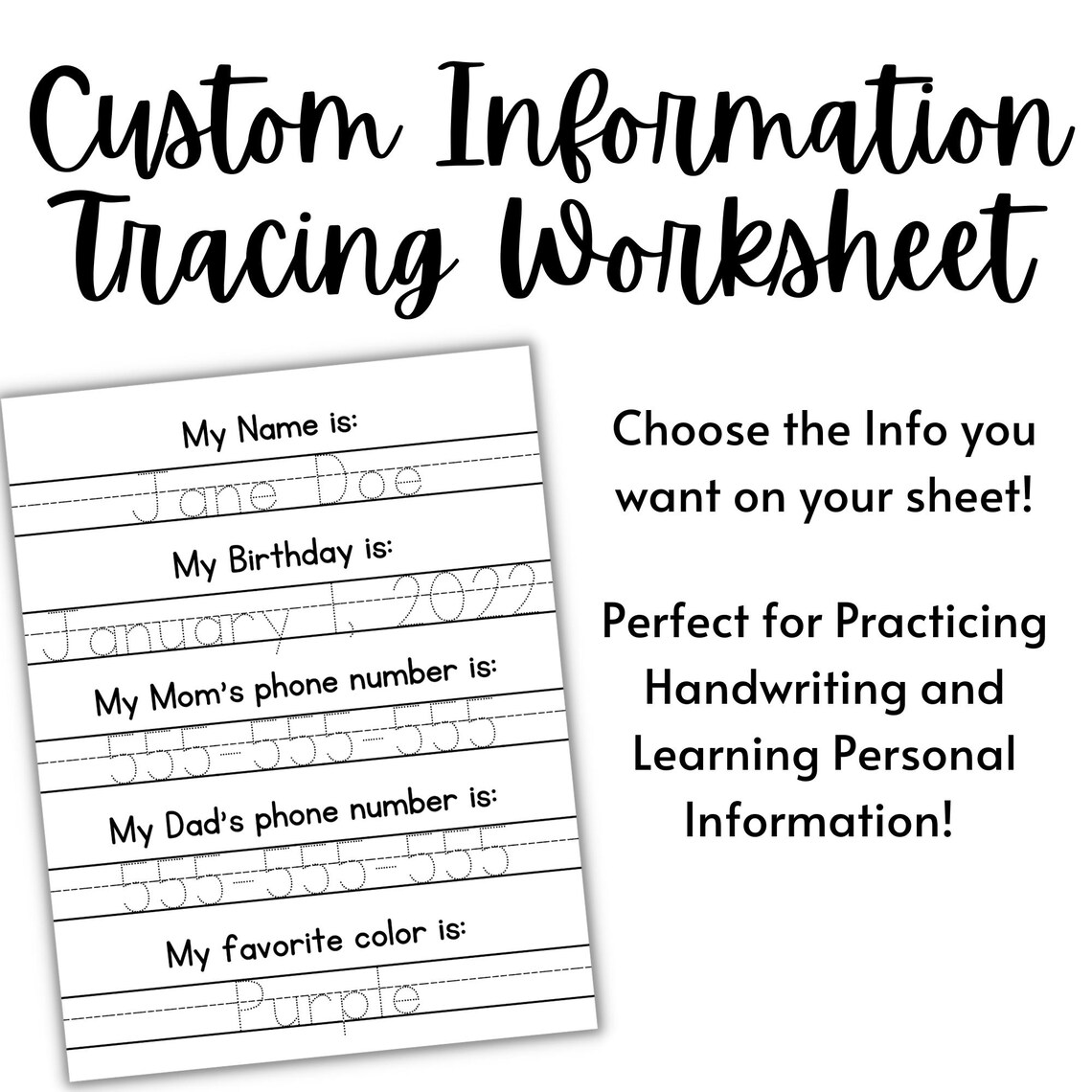 Custom Name & Info Tracing Page | Personalized Name Handwriting | Name ...