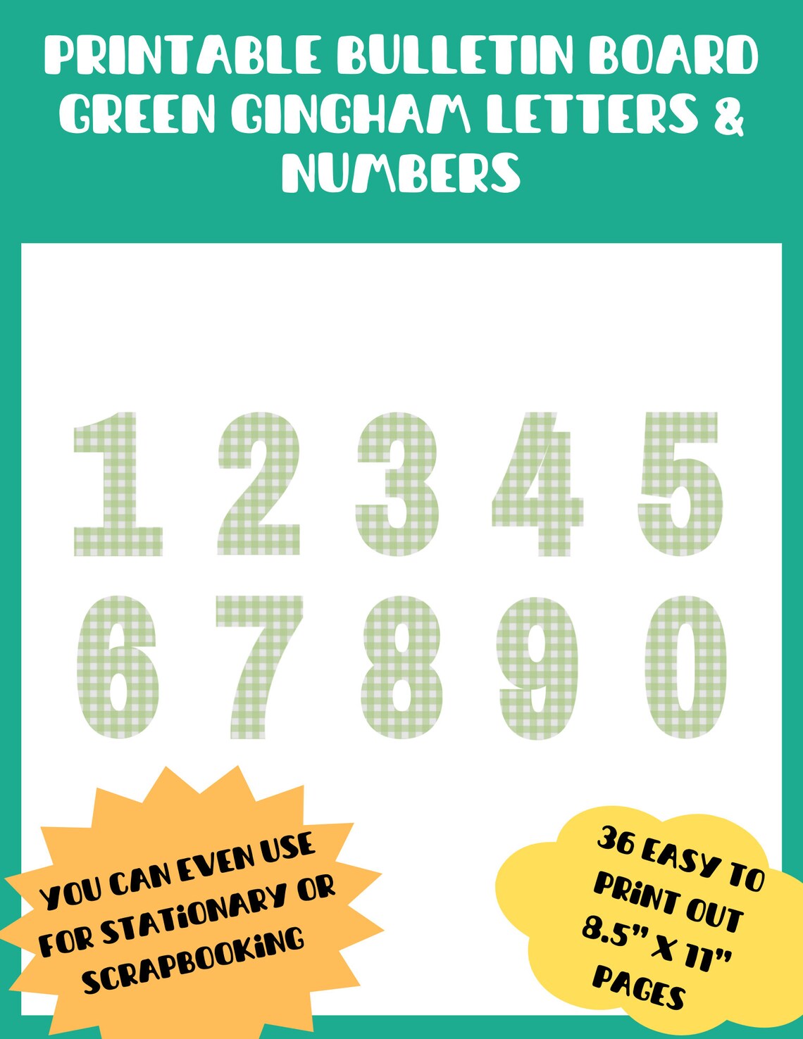 Printable Bulletin Board Green Gingham Letters & Numbers - Etsy