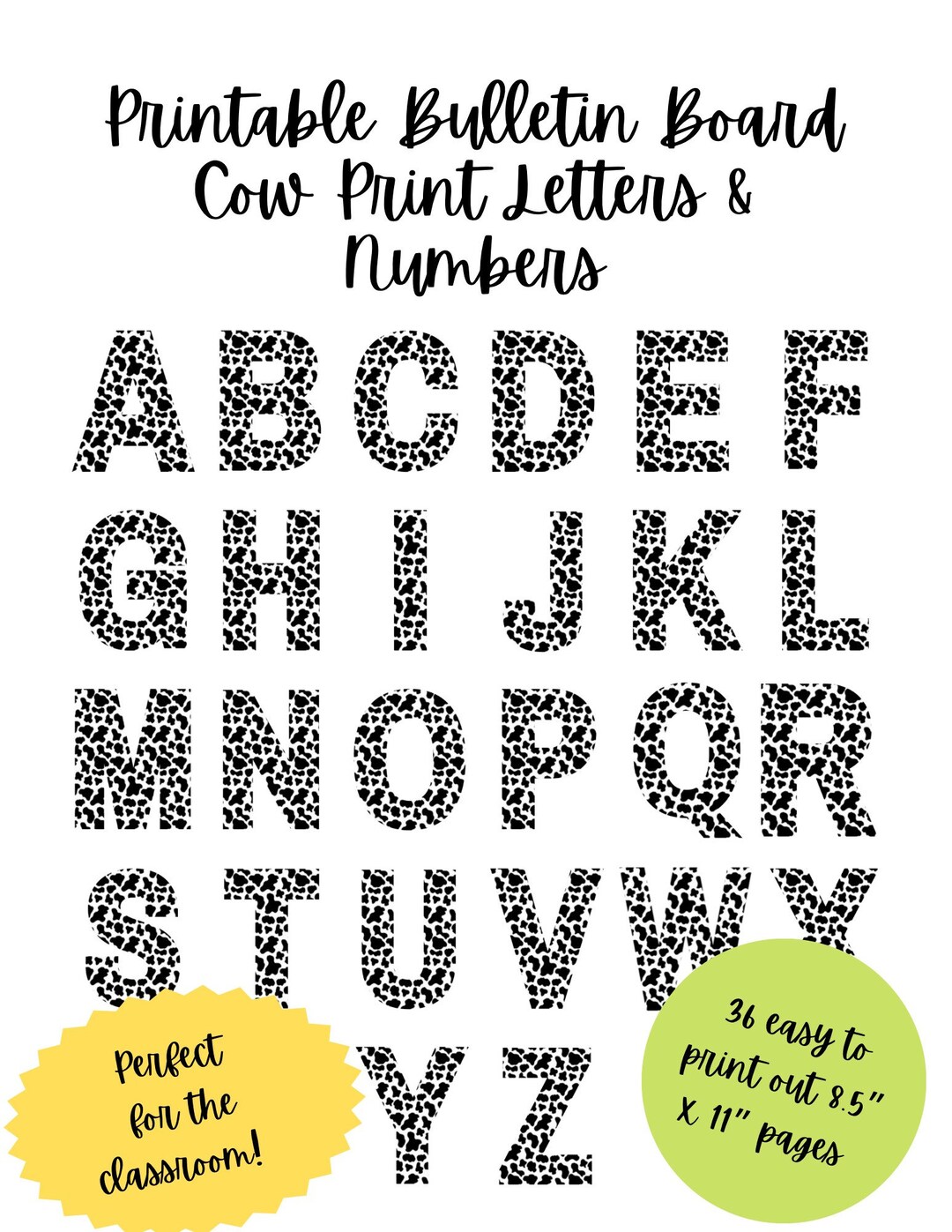 Printable Bulletin Board Cow Print Letters & Numbers, Printable Letters ...