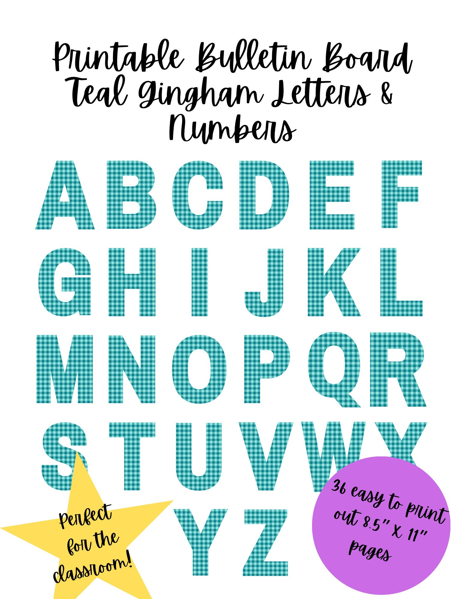 Printable Bulletin Board Teal Gingham Letters & Numbers, Printable ...