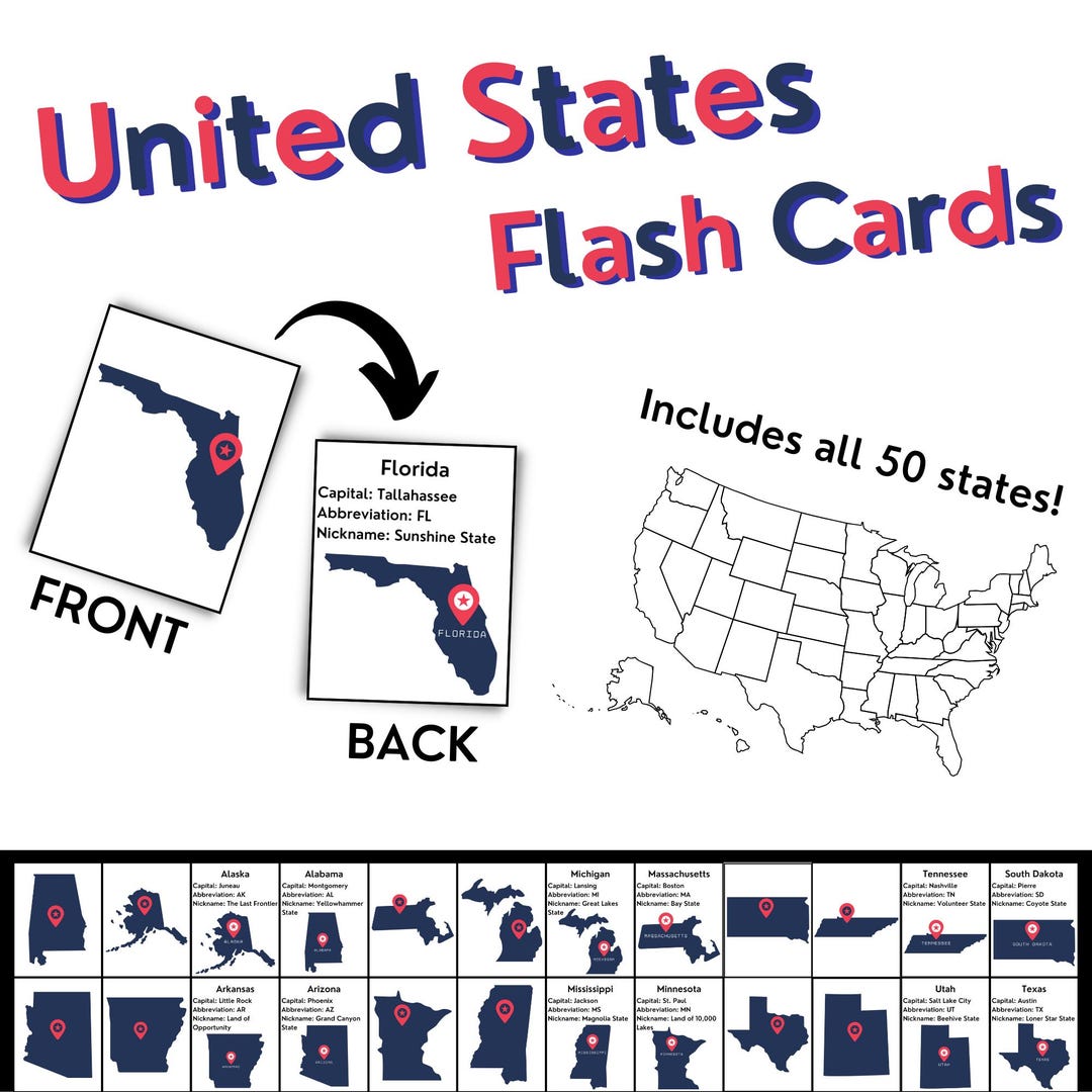 United States Flash Cards, Elementary Flash Cards, State Capitals Flash ...