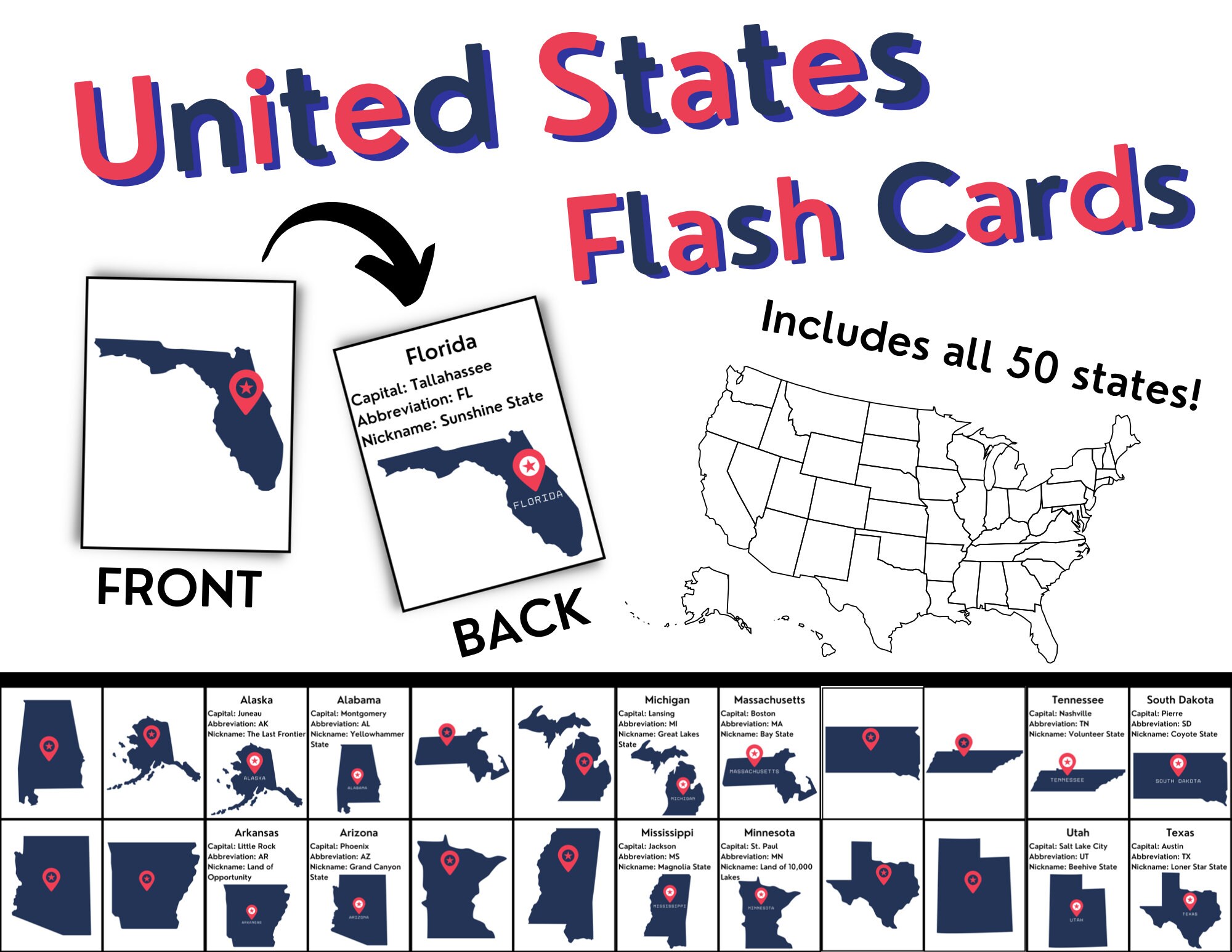 United States Flash Cards, Elementary Flash Cards, State Capitals Flash ...