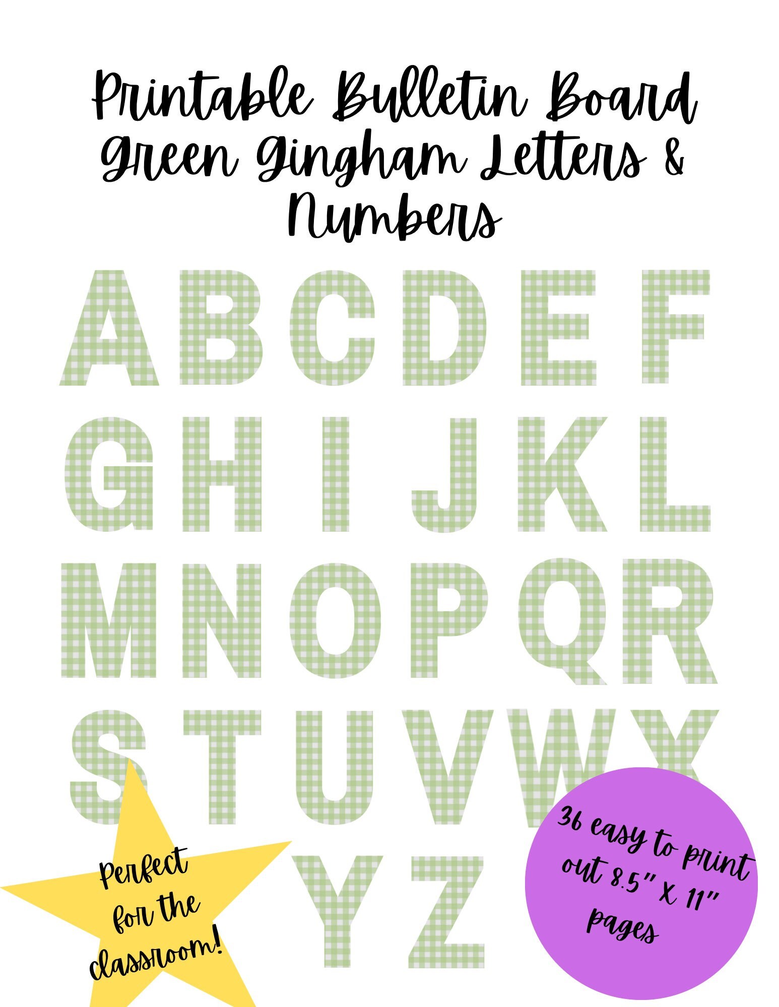 Printable Bulletin Board Green Gingham Letters & Numbers, Printable ...
