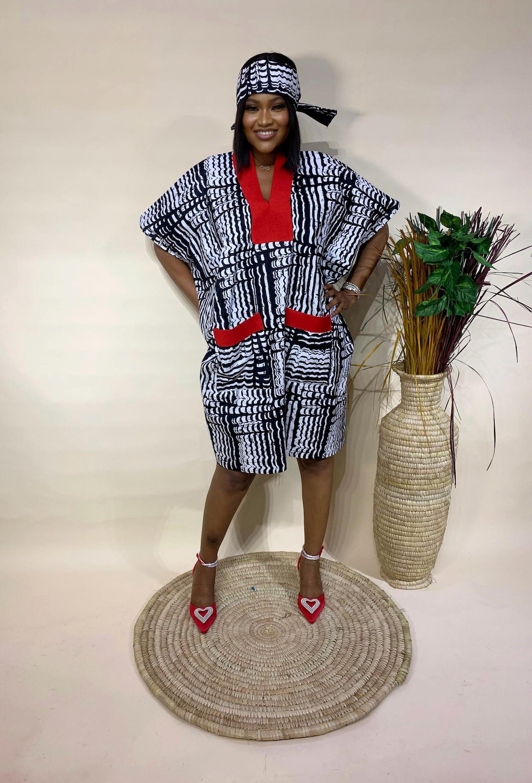 Ankara Short Bubu Dress: African Print Mini Kaftan With Aso-oke Head ...